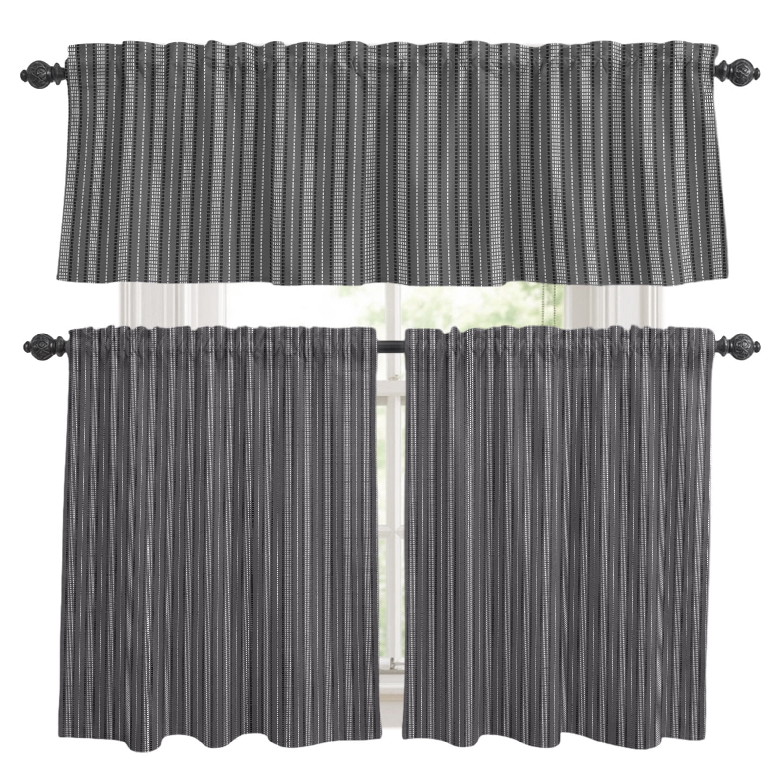 3 Piece Kitchen Curtains and Valances Set Dark Grey Line Striped Cafe ...