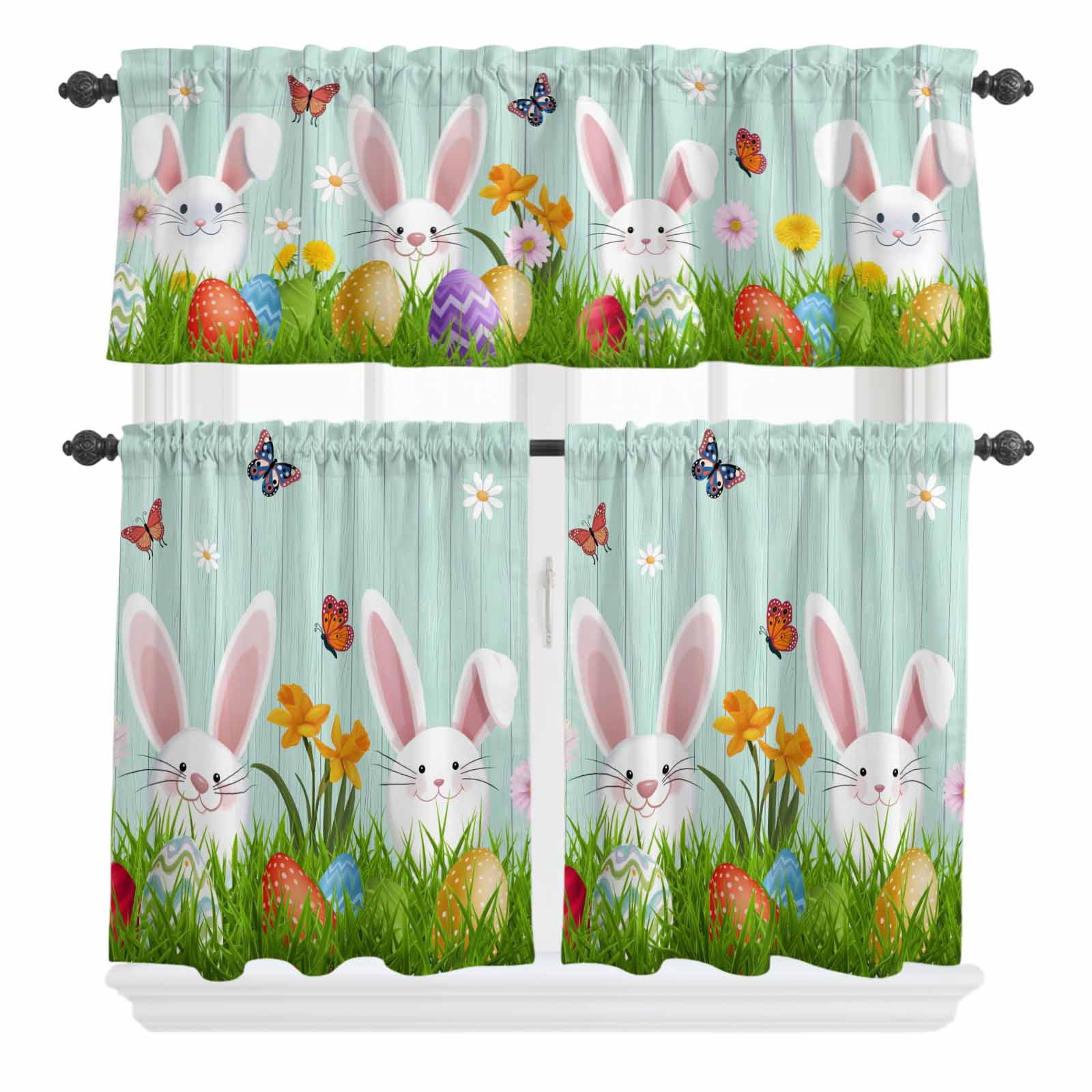 3 Piece Kitchen Curtains and Valances Set Easter Bunny Cafe Curtains 24 ...