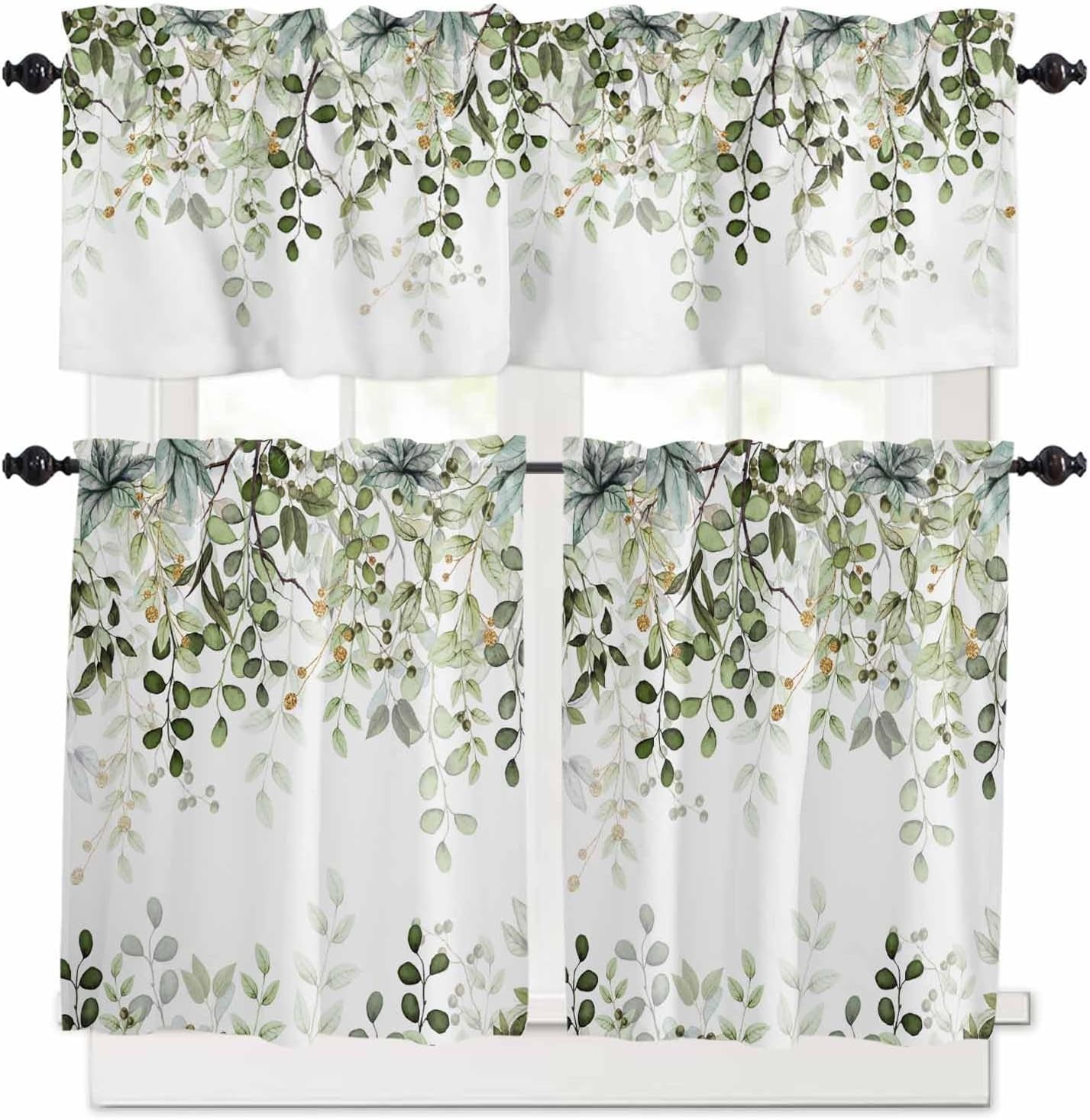 3-Piece Kitchen Curtains and Valances Set Elegant Spring Leaf Plant Rod ...