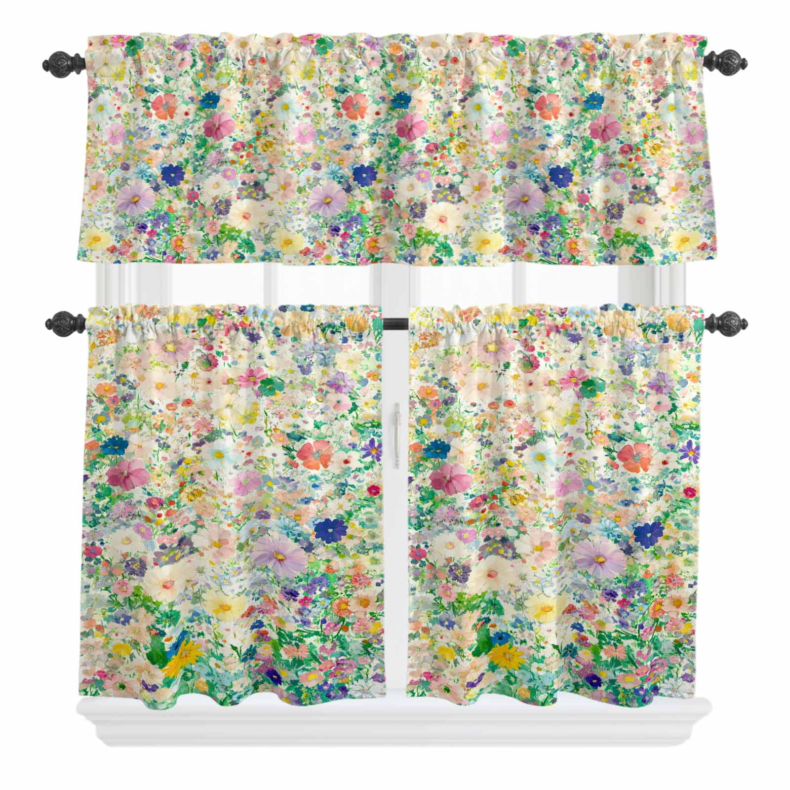 3 Piece Kitchen Curtains and Valances Set Emerging Blossoms Pattern ...
