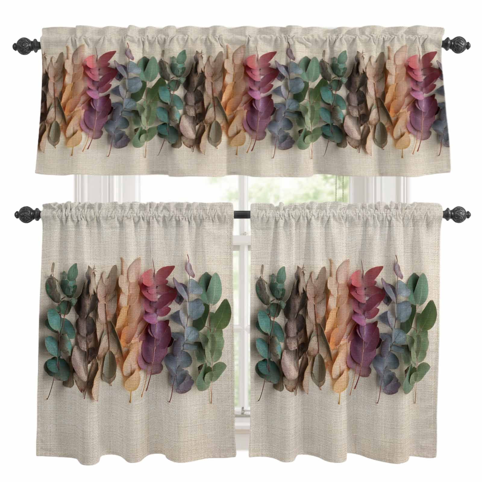 3 Piece Kitchen Curtains and Valances Set Eucalyptus Leaves Cafe ...