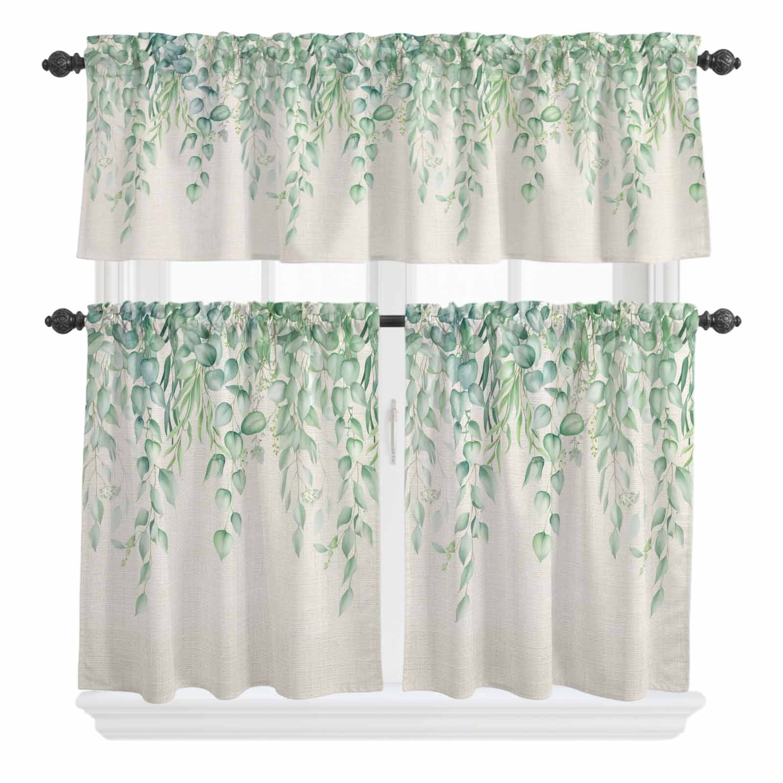 3 Piece Kitchen Curtains and Valances Set Eucalyptus Leaves Cafe ...