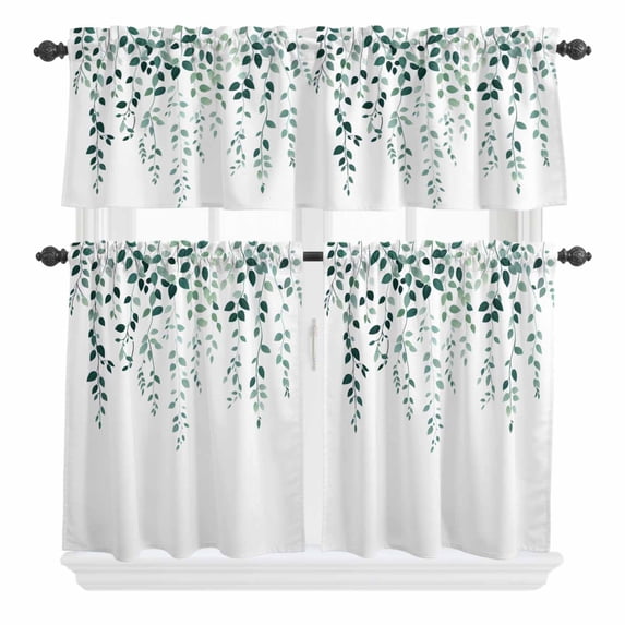 3 Piece Kitchen Curtains and Valances Set Eucalyptus Leaves Cafe ...