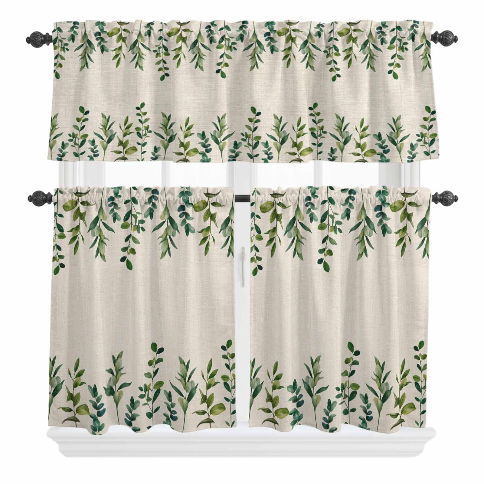 3 Piece Kitchen Curtains and Valances Set Eucalyptus Leaves Cafe ...