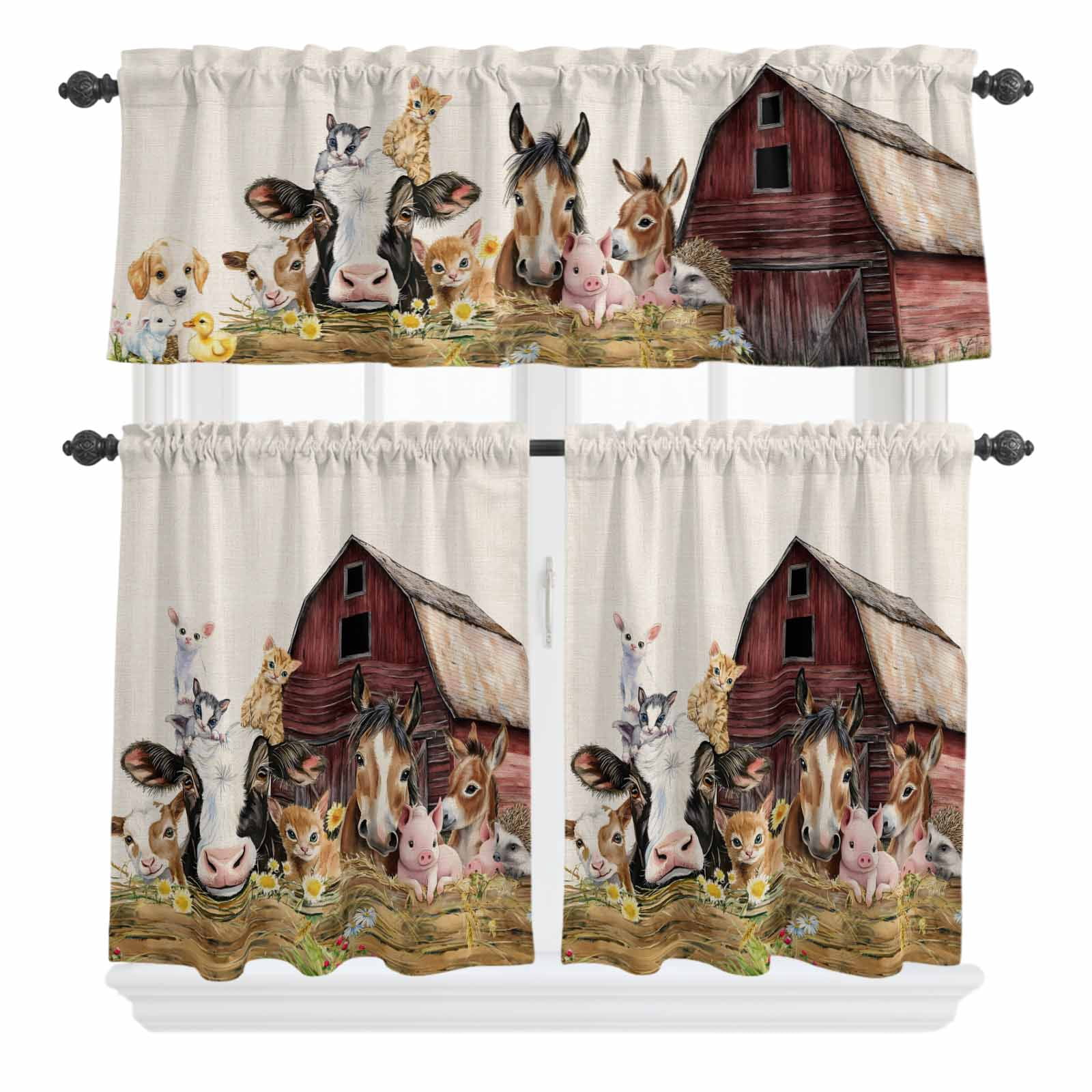 3 Piece Kitchen Curtains and Valances Set Farm Cow Pig Cafe Curtains 24 ...