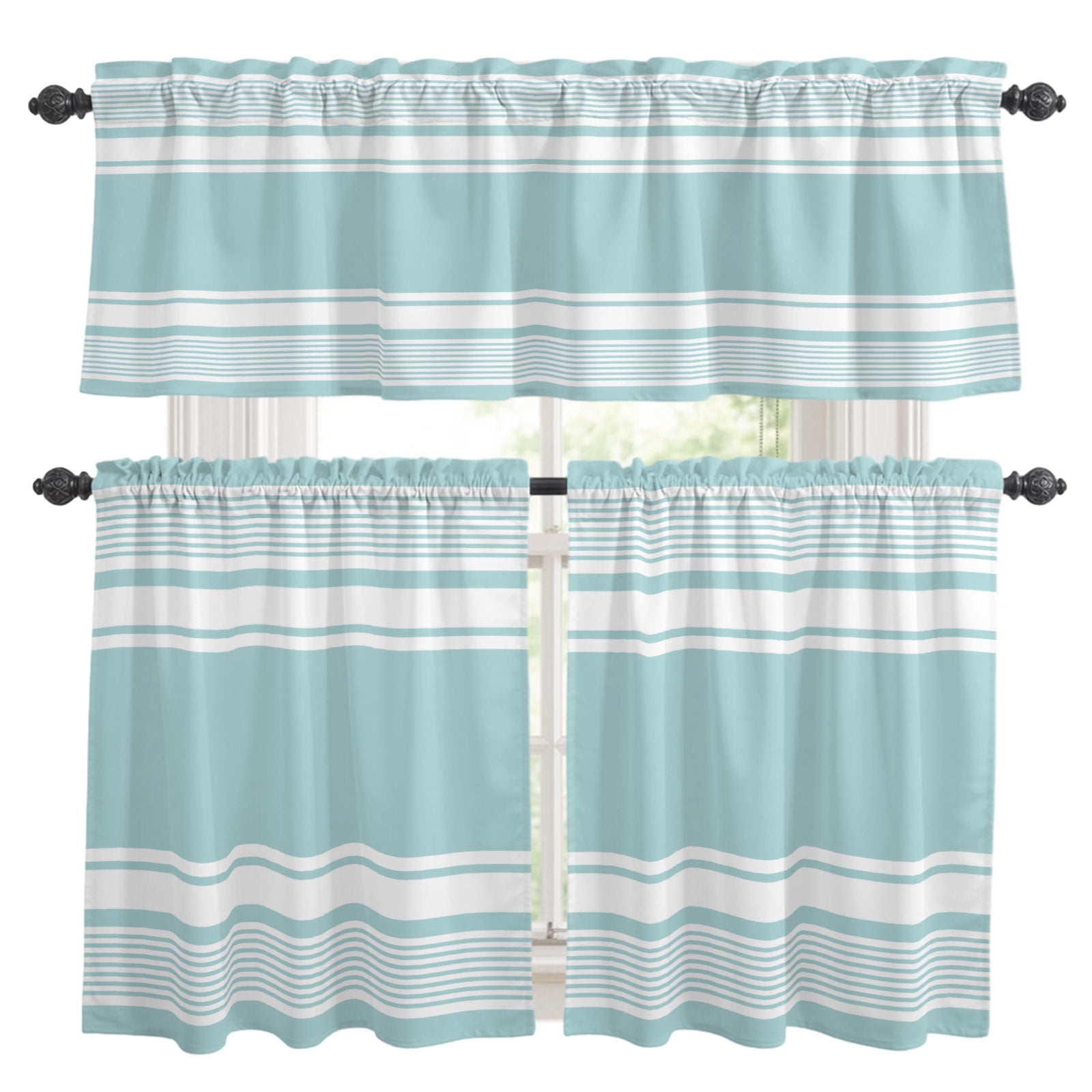 3 Piece Kitchen Curtains and Valances Set Farmhouse Aqua Striped Cafe ...