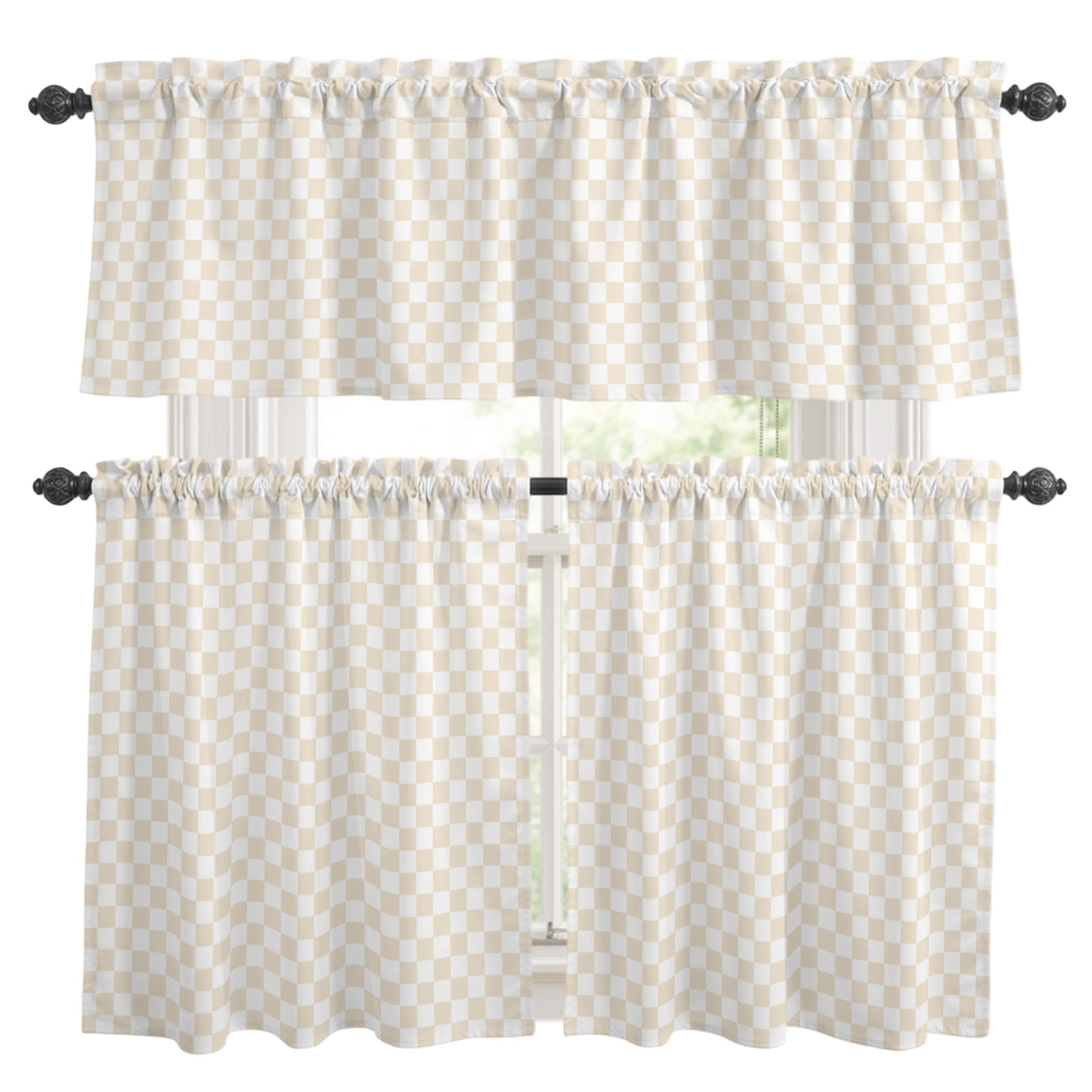 3 Piece Kitchen Curtains and Valances Set Farmhouse Beige Plaid Cafe ...