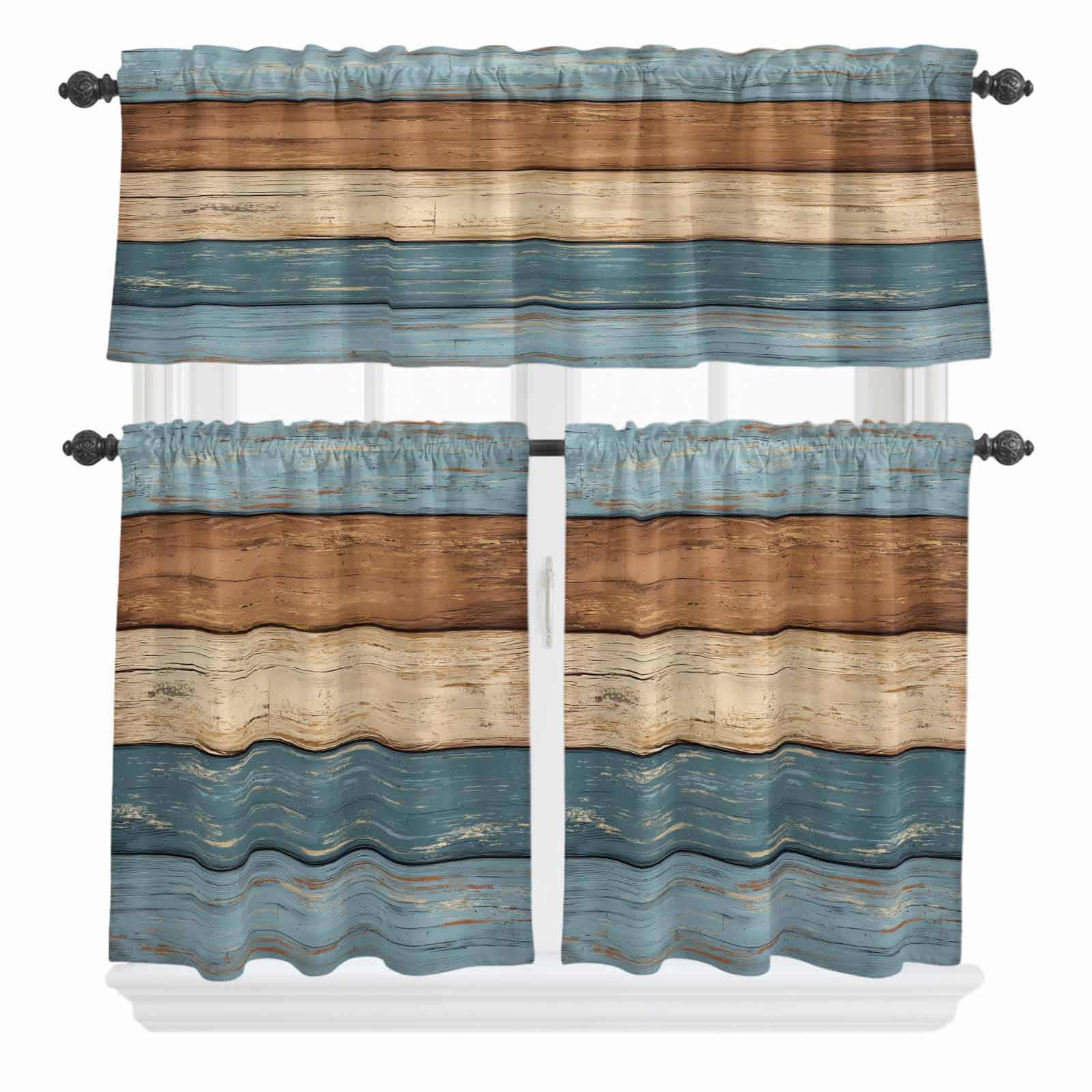 3 Piece Kitchen Curtains and Valances Set Farmhouse Blue Brown Cafe Curtains 36 Inch Length ...