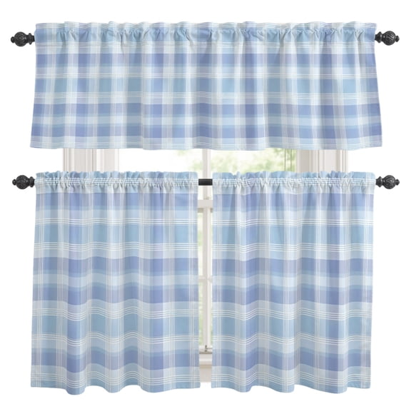3 Piece Kitchen Curtains and Valances Set Farmhouse Blue Plaid Cafe ...
