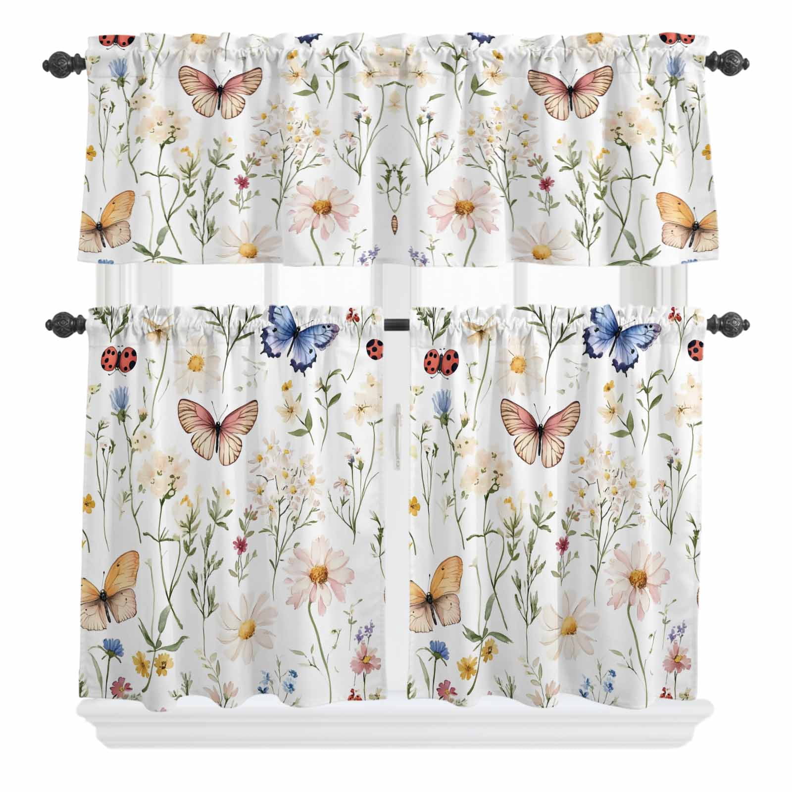3 Piece Kitchen Curtains and Valances Set Farmhouse Butterfly Flowers ...