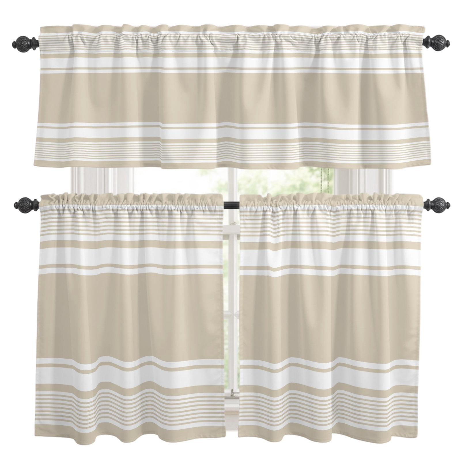 3 Piece Kitchen Curtains and Valances Set Farmhouse Cream Striped Cafe ...