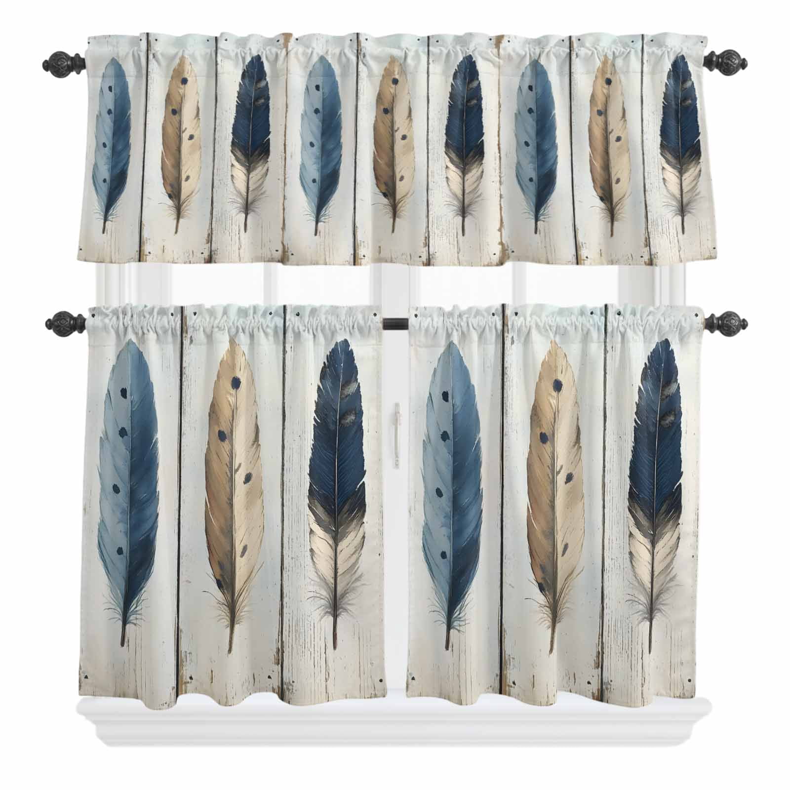 3 Piece Kitchen Curtains and Valances Set Farmhouse Feather Cafe ...