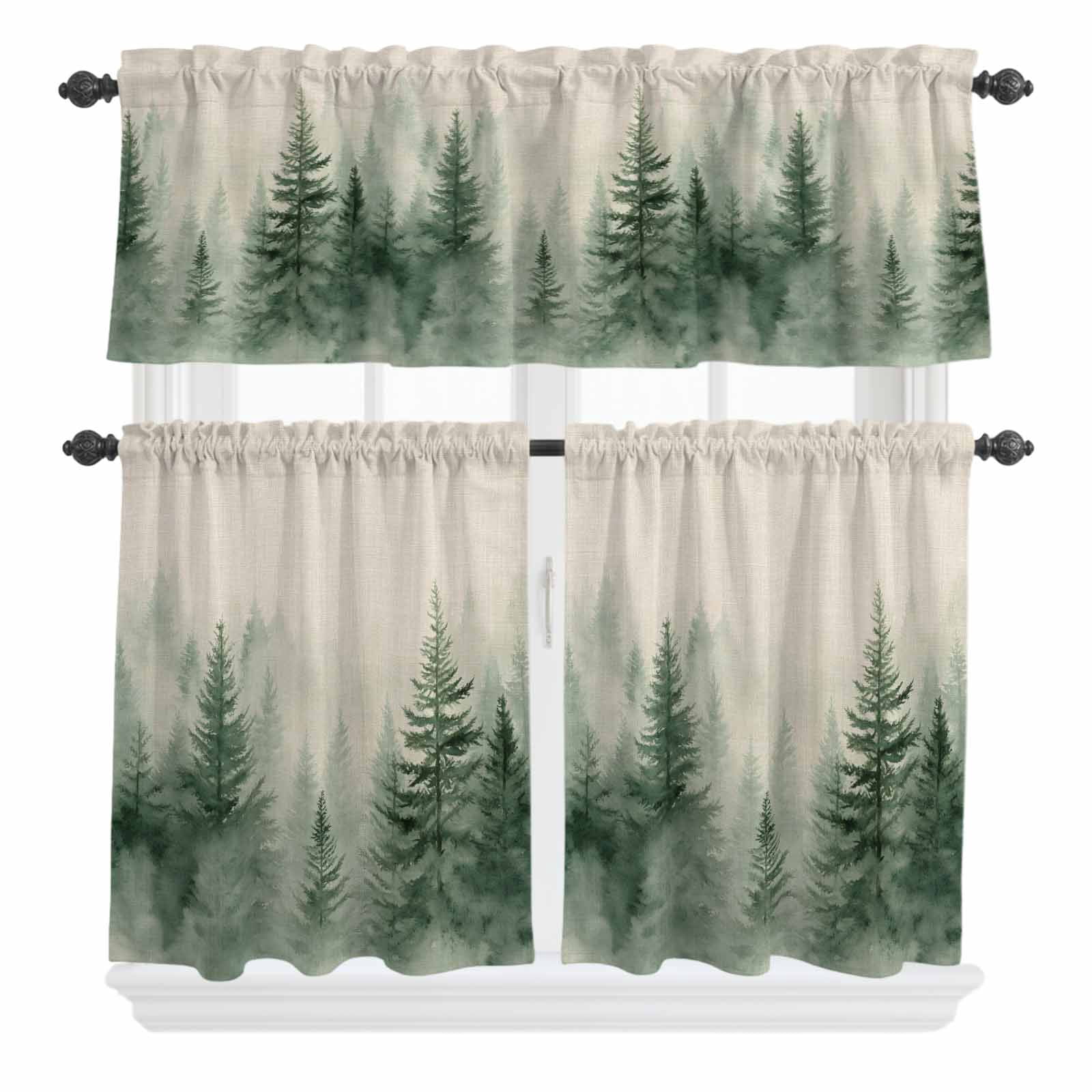 3 Piece Kitchen Curtains and Valances Set Farmhouse Mist Forest Cafe ...