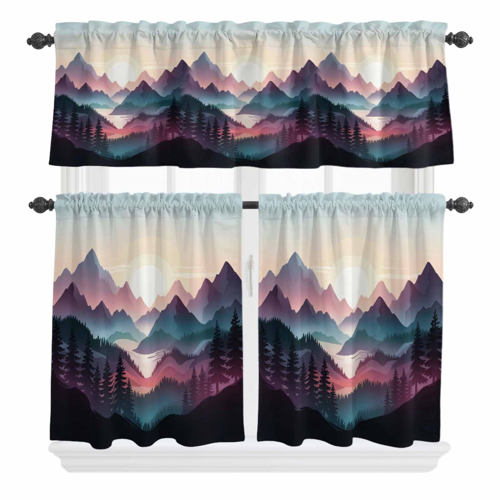 3 Piece Kitchen Curtains and Valances Set Farmhouse Mountain Cafe ...