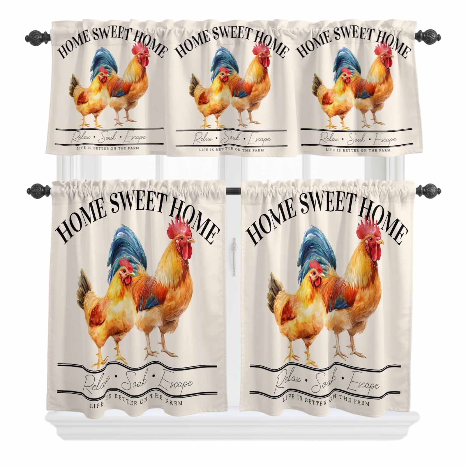 3 Piece Kitchen Curtains and Valances Set Farmhouse Rooster Cafe ...