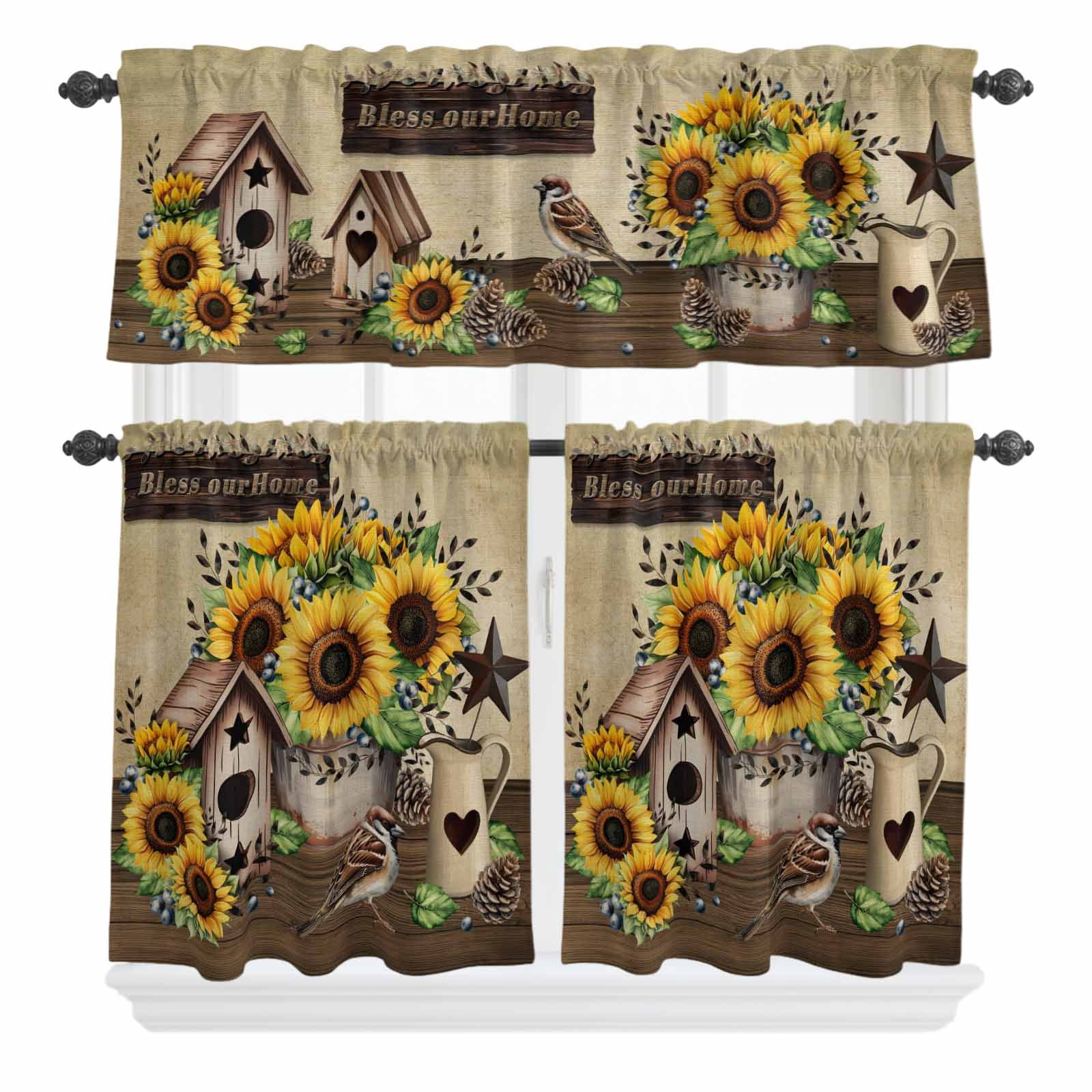 3 Piece Kitchen Curtains and Valances Set Farmhouse Sunflowers Cafe ...