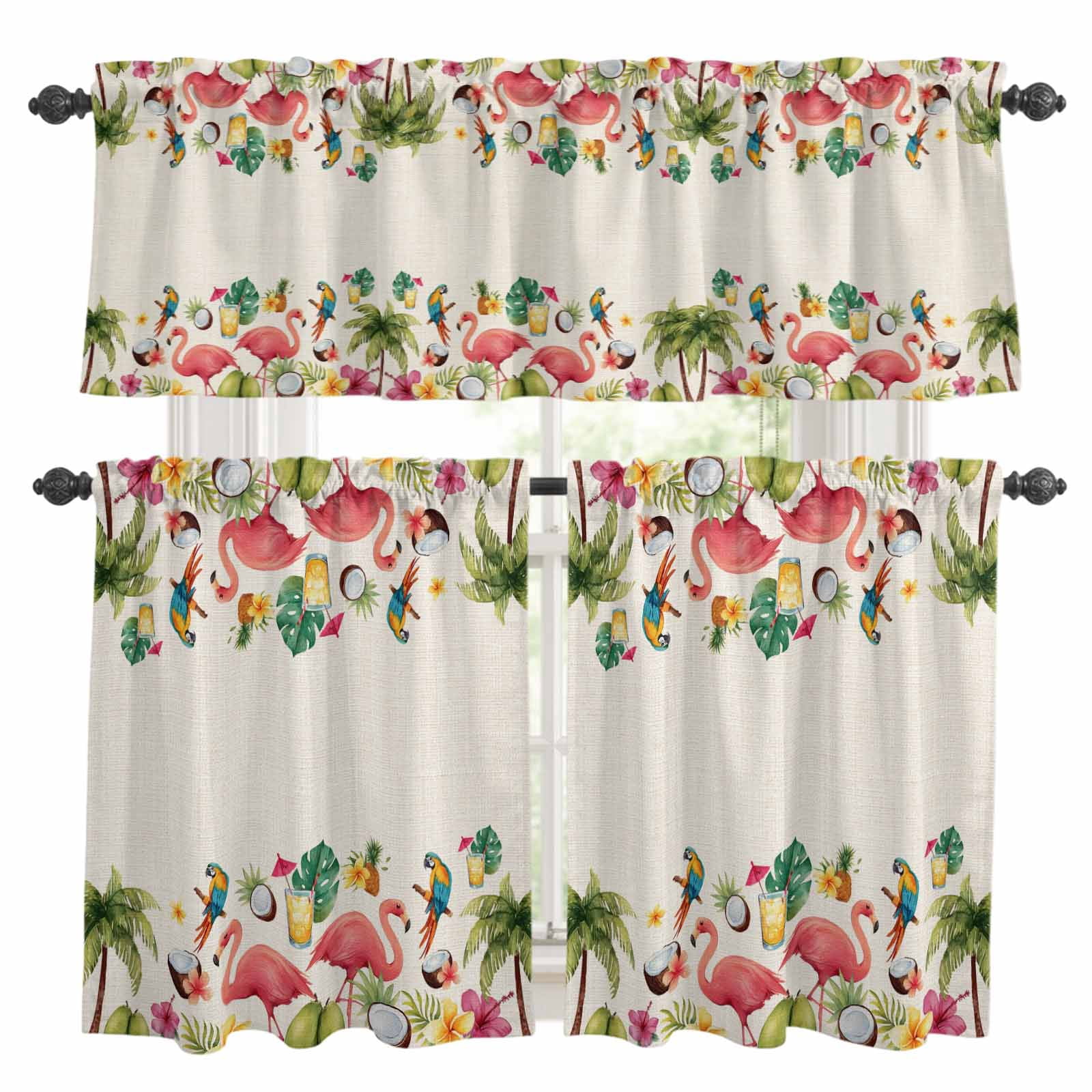 3 Piece Kitchen Curtains and Valances Set Flamingos Rustic Cafe ...