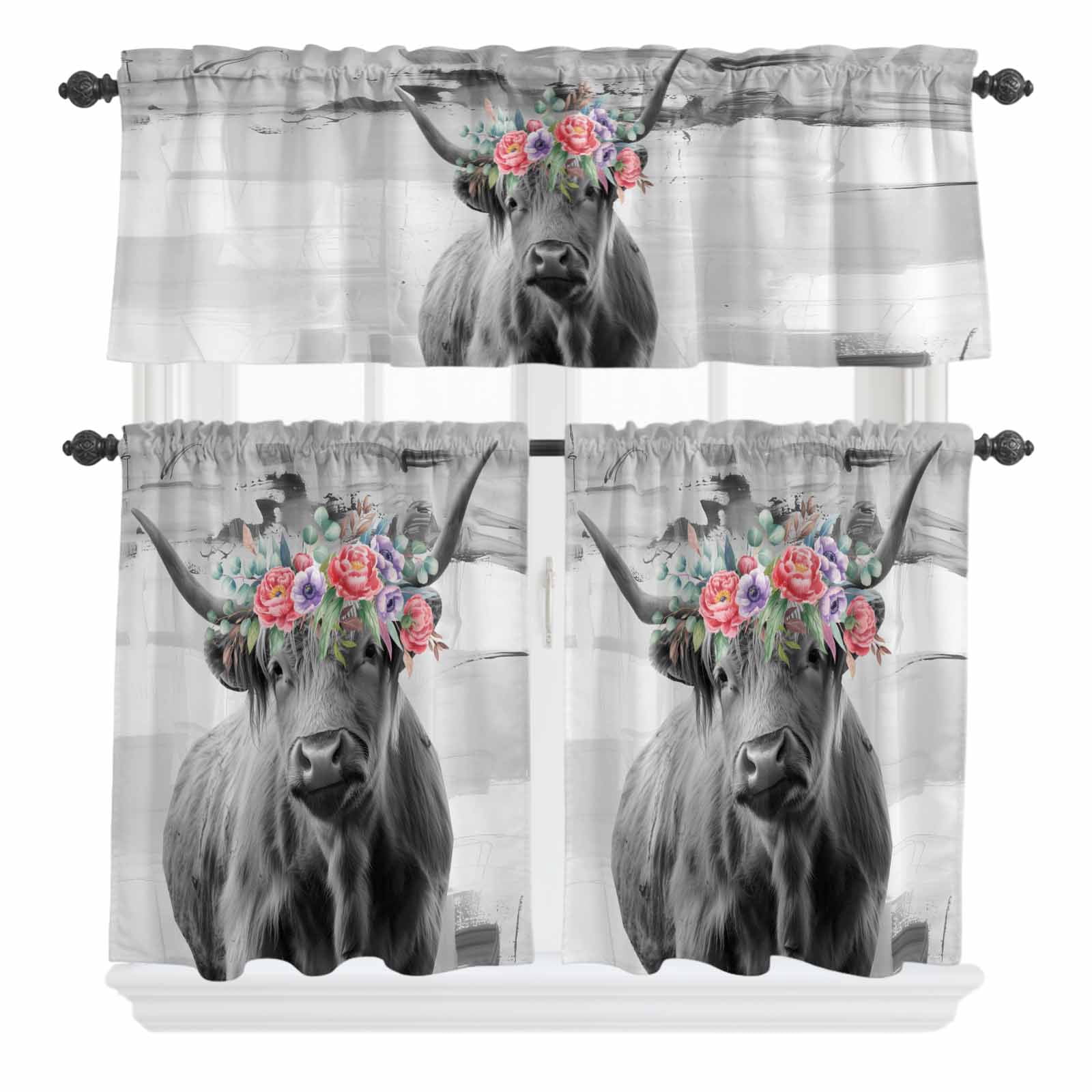 3 Piece Kitchen Curtains and Valances Set Floral Animal Cafe Curtains ...