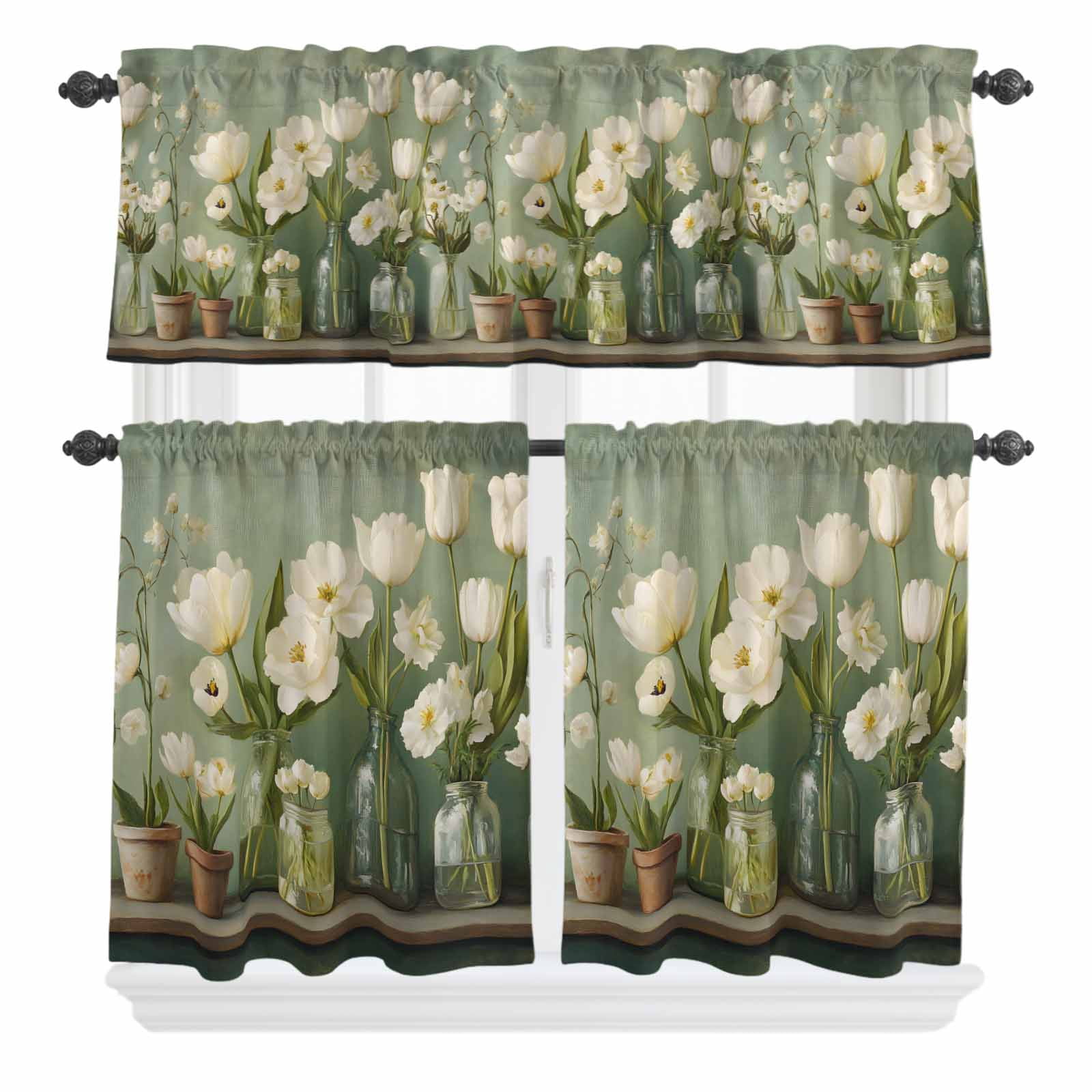 3 Piece Kitchen Curtains and Valances Set Flower Floral Cafe Curtains ...