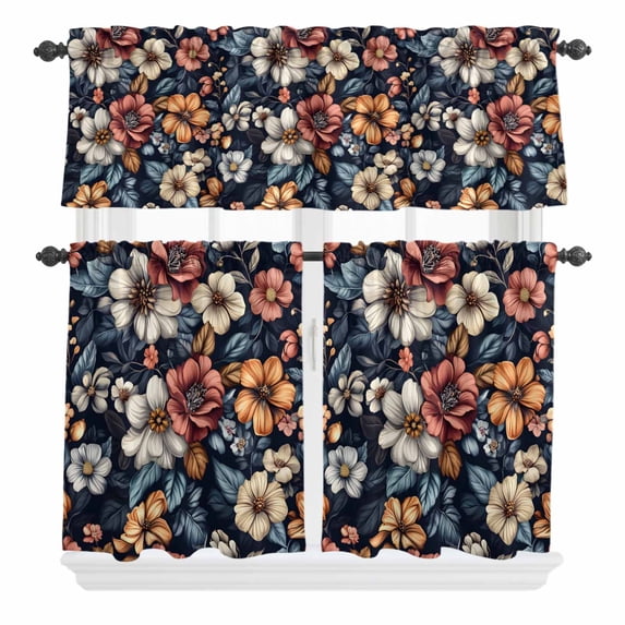 3 Piece Kitchen Curtains and Valances Set Flower Leaves Cafe Curtains ...