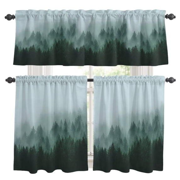 3 Piece Kitchen Curtains and Valances Set Fogged Mist Forest Cafe ...