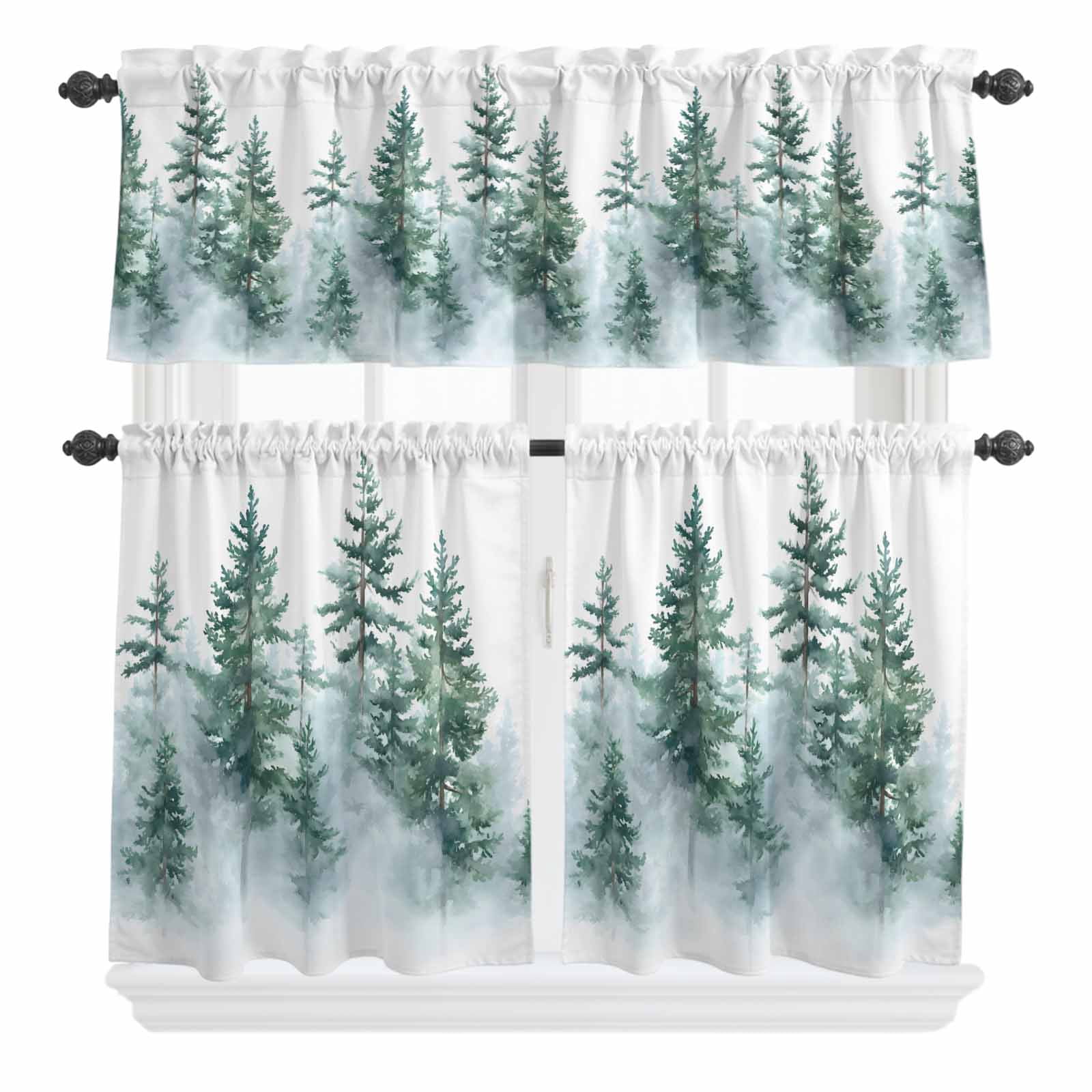 3 Piece Kitchen Curtains and Valances Set Forest Green Ombre Cafe ...