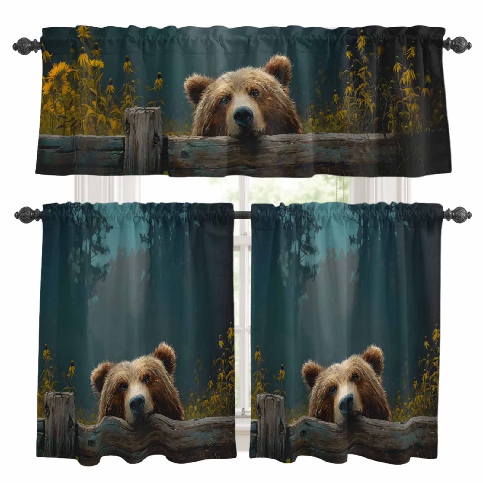 3 Piece Kitchen Curtains and Valances Set Funny Peeking Bears Cafe ...
