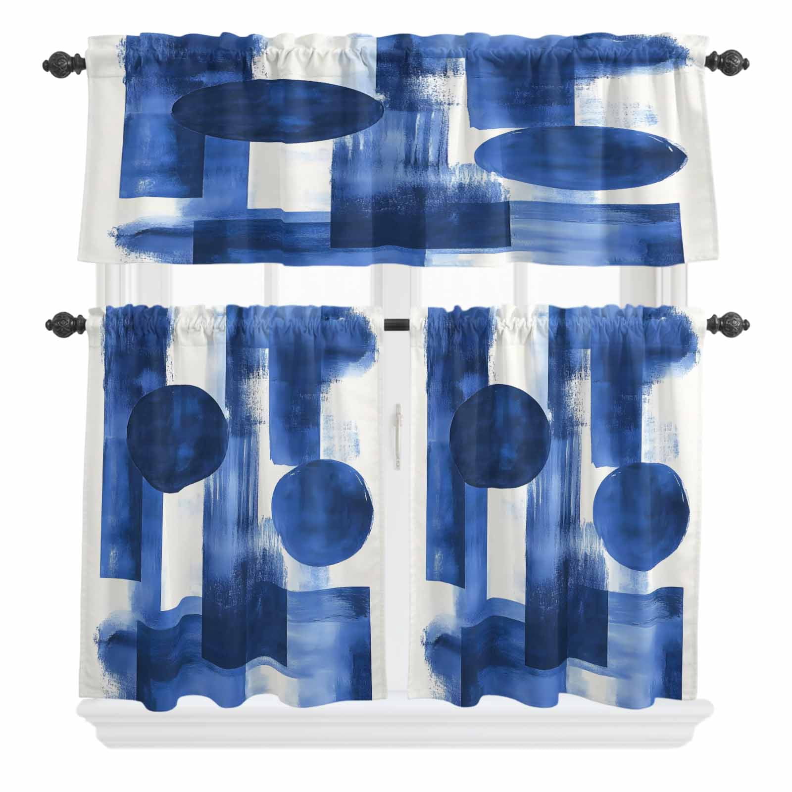 3 Piece Kitchen Curtains and Valances Set Geometric Blue Cafe Curtains ...