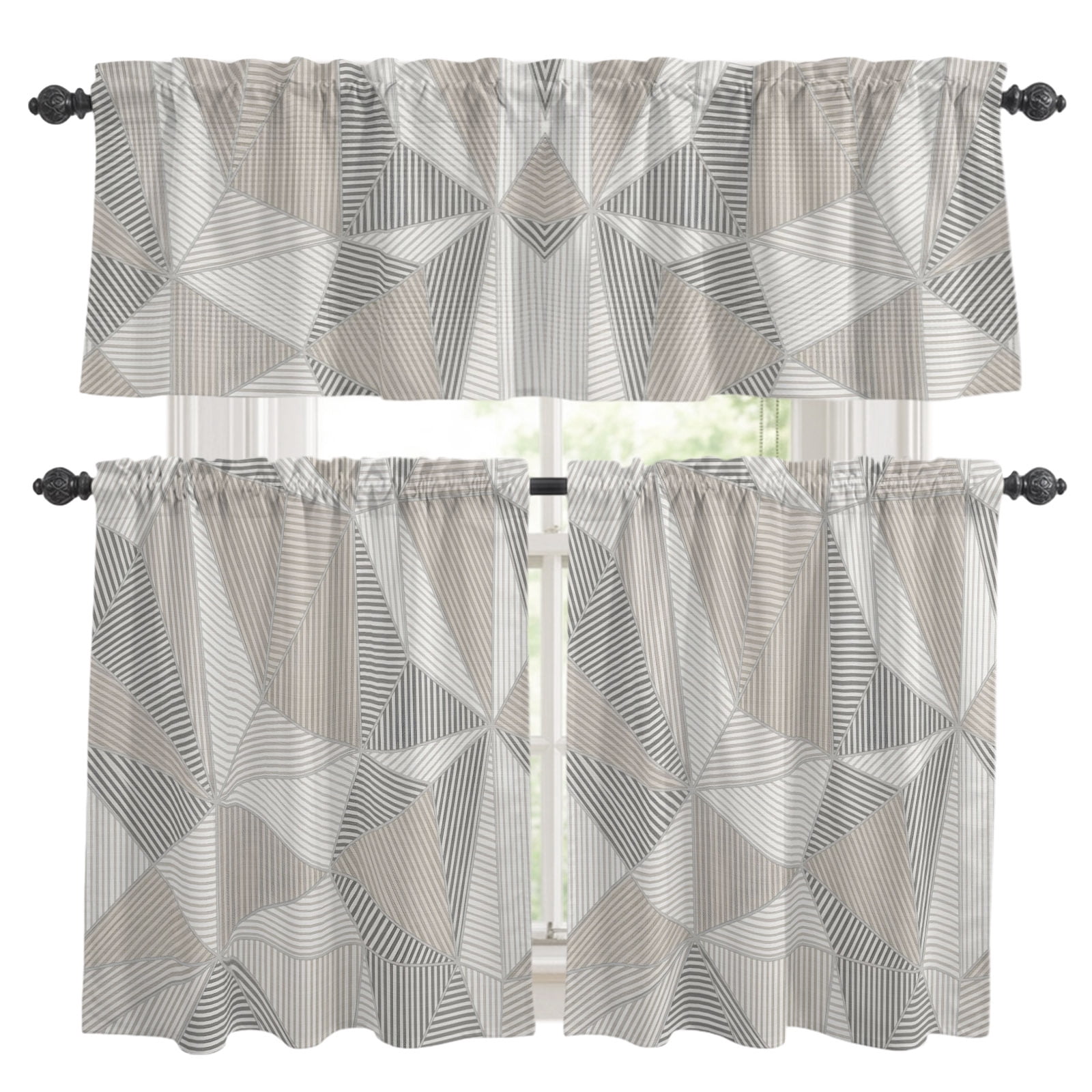 3 Piece Kitchen Curtains and Valances Set Geometric Minimalist Cafe ...
