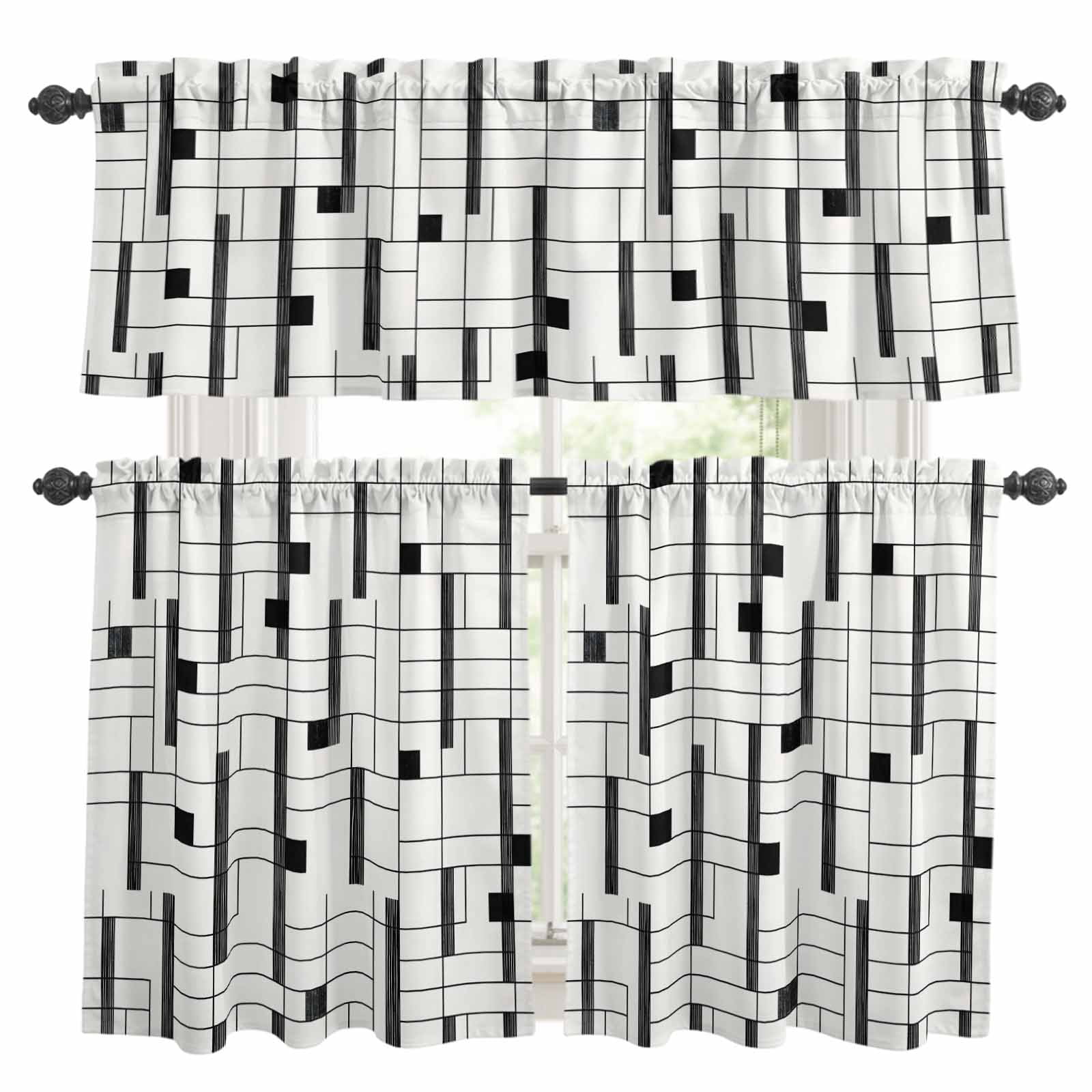 3 Piece Kitchen Curtains and Valances Set Geometric Stripes Cafe ...