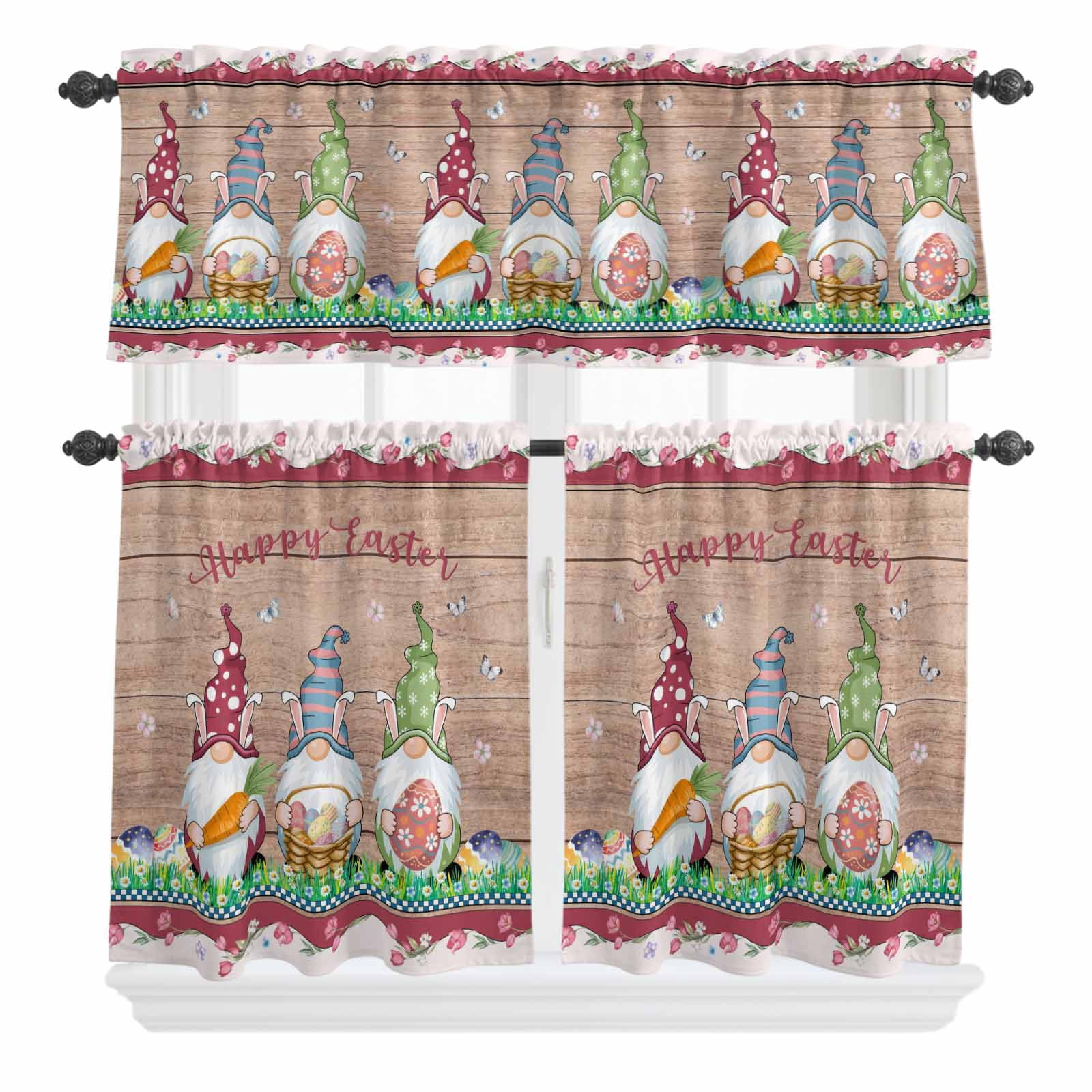3 Piece Kitchen Curtains and Valances Set Gnomes Easter Cafe Curtains ...
