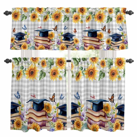 3 Piece Kitchen Curtains and Valances Set Graduation Cap Sunflowers ...