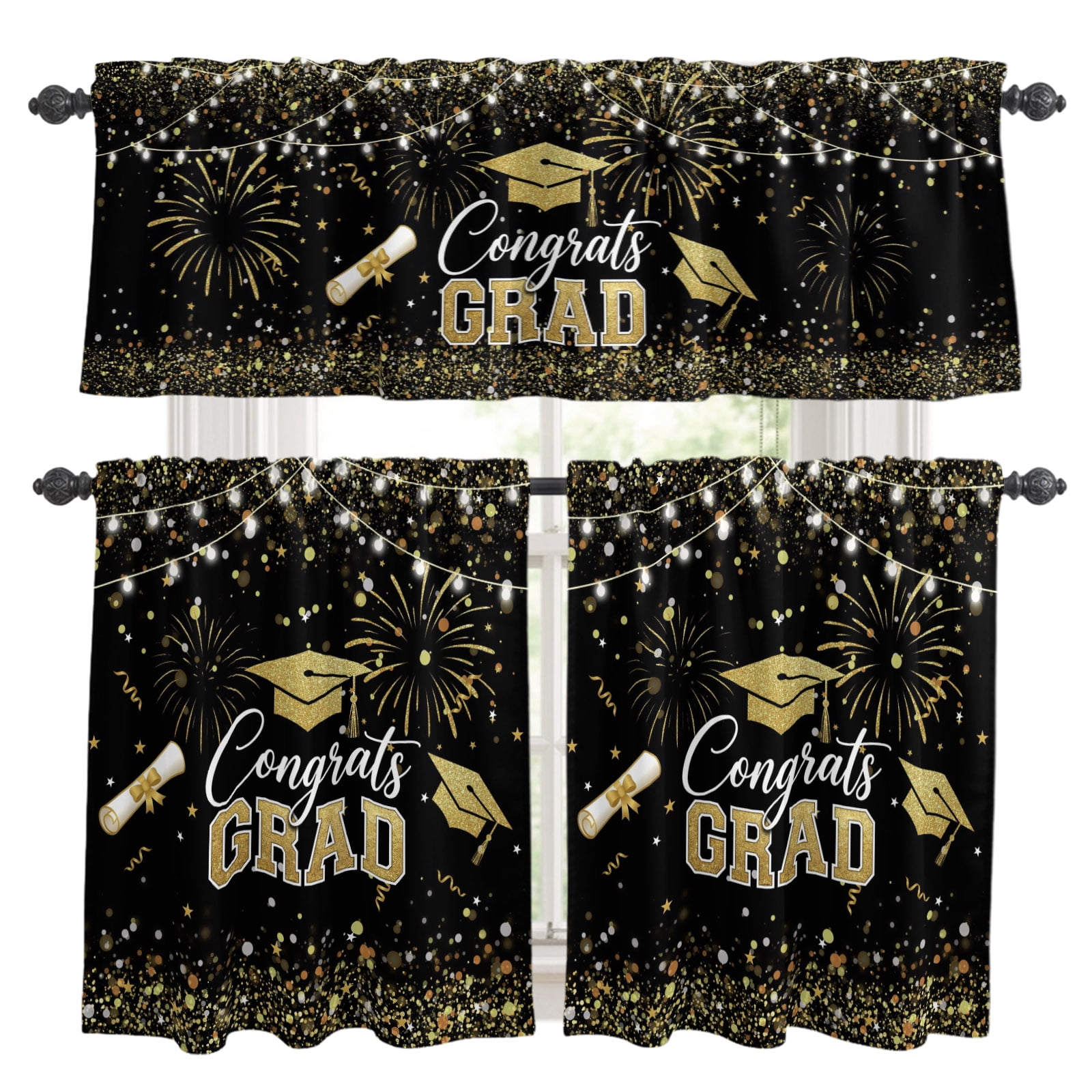 3 Piece Kitchen Curtains and Valances Set Graduation Celebration Cafe ...
