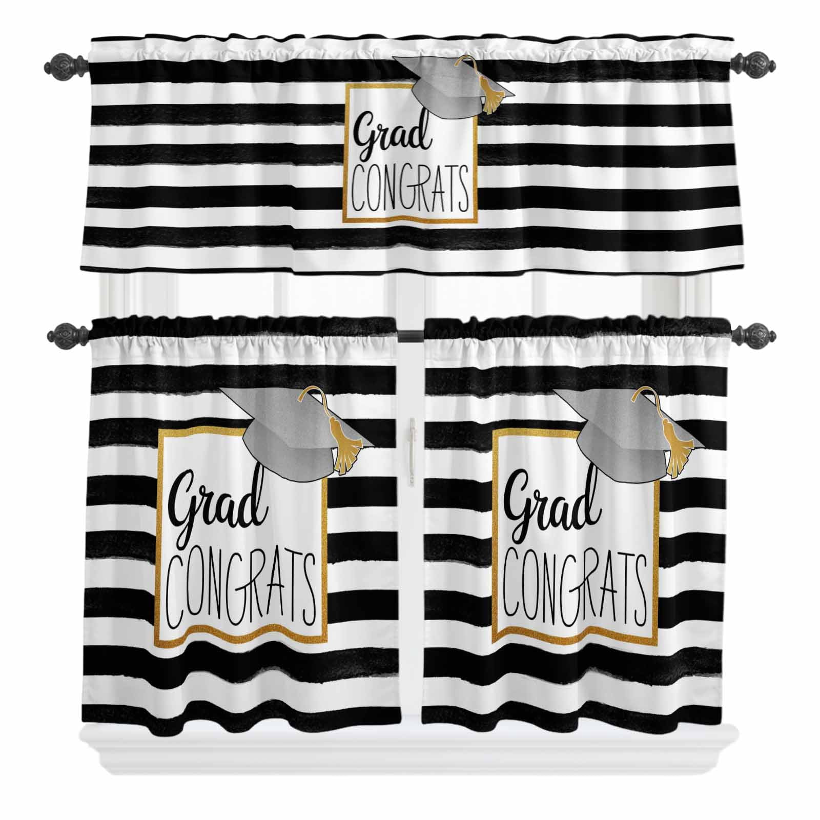 3 Piece Kitchen Curtains and Valances Set Graduation Trencher Cap Cafe ...