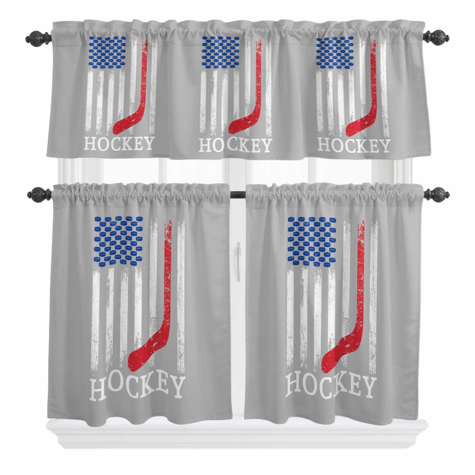 3 Piece Kitchen Curtains and Valances Set Gray American Flag Cafe ...