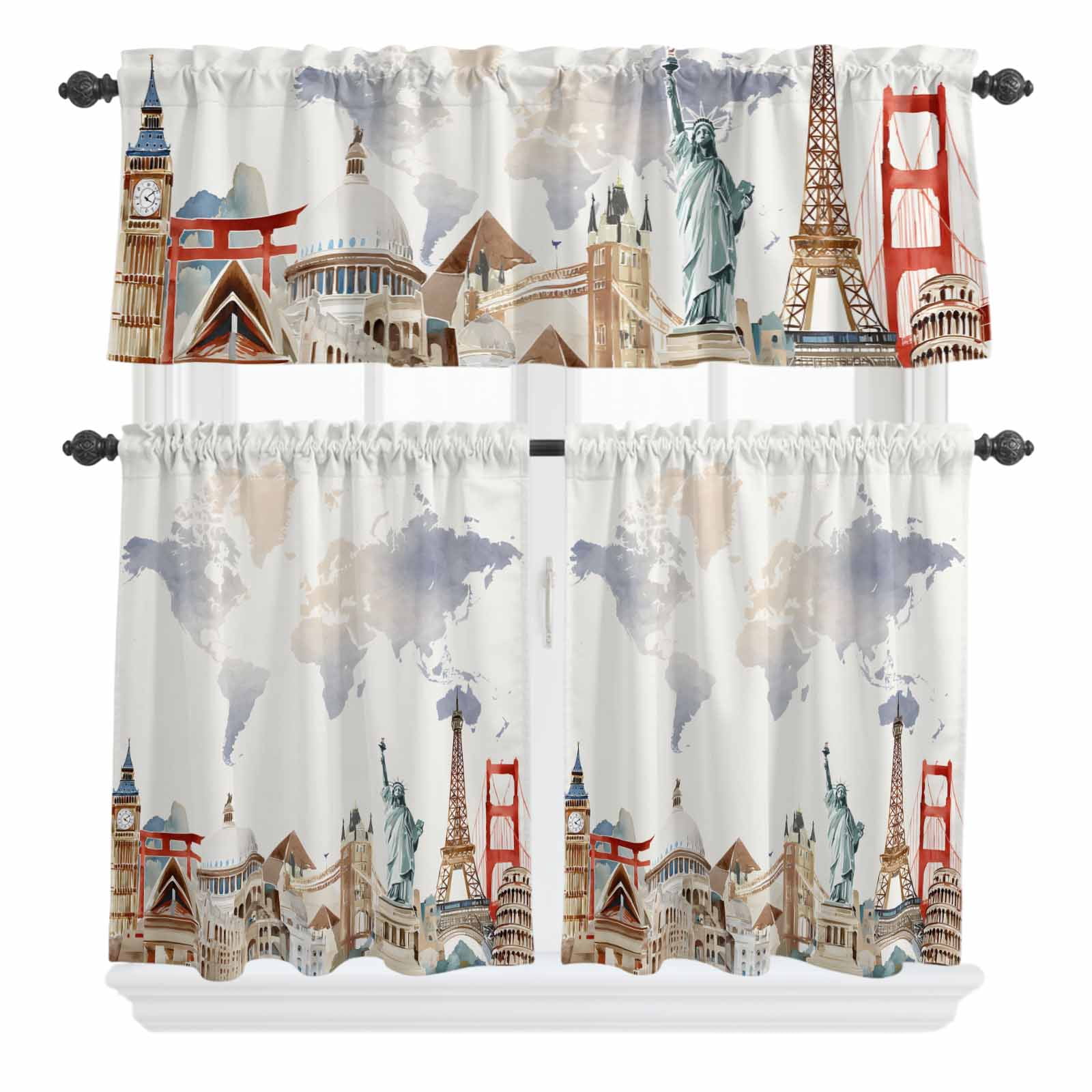 3 Piece Kitchen Curtains and Valances Set Gray Beige Map Cafe Curtains ...