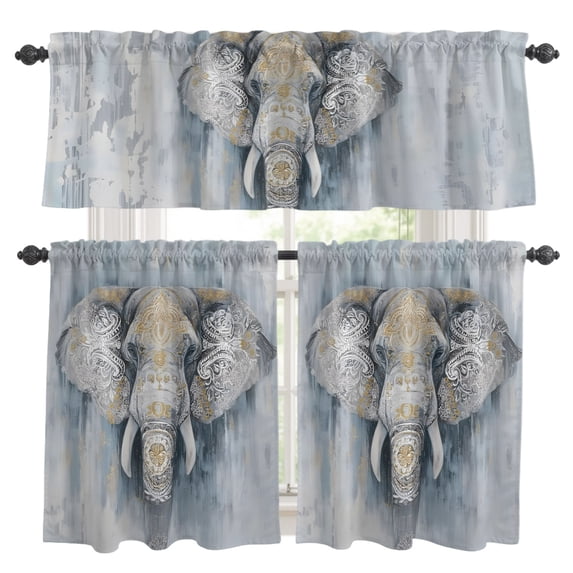 3 Piece Kitchen Curtains and Valances Set Gray Boho Elephant Cafe ...