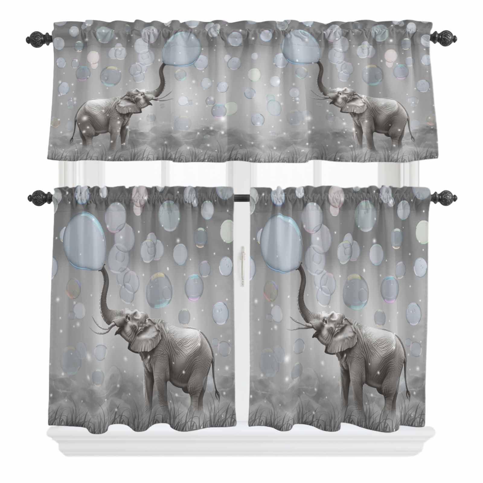 3 Piece Kitchen Curtains and Valances Set Gray Elephants Cafe Curtains ...