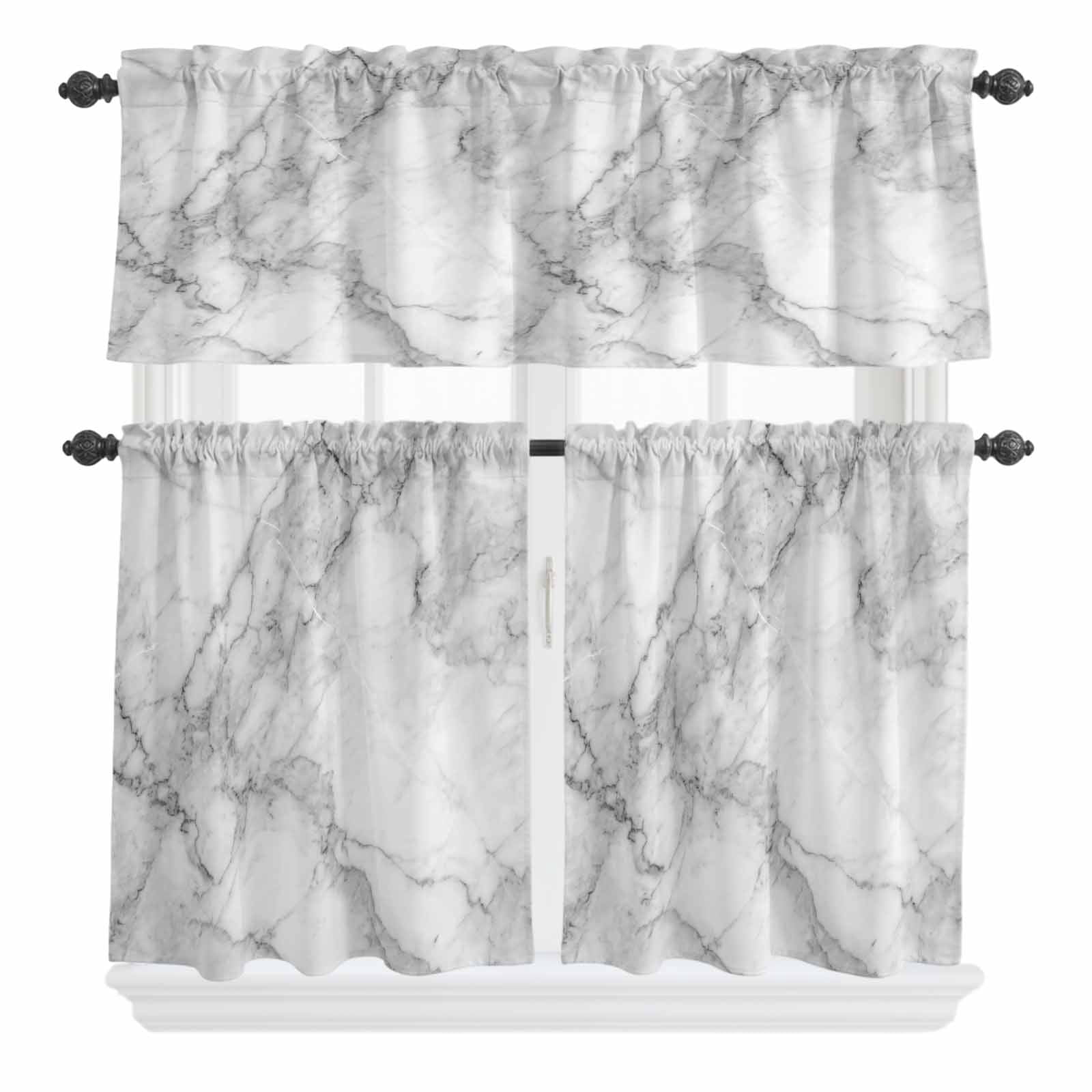 3 Piece Kitchen Curtains and Valances Set Gray Marble Cafe Curtains 36 ...