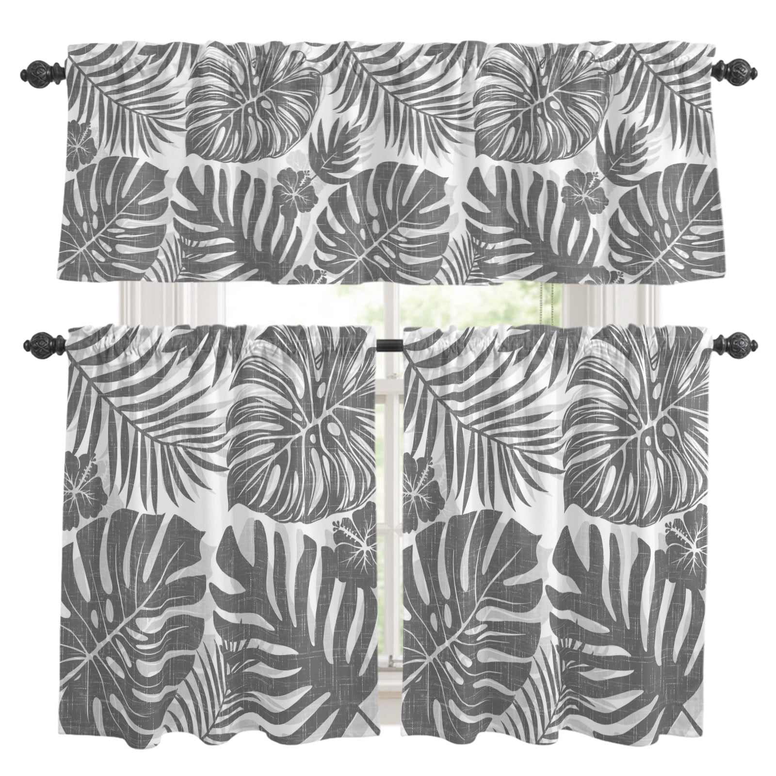 3 Piece Kitchen Curtains and Valances Set Gray Monstera Cafe Curtains ...