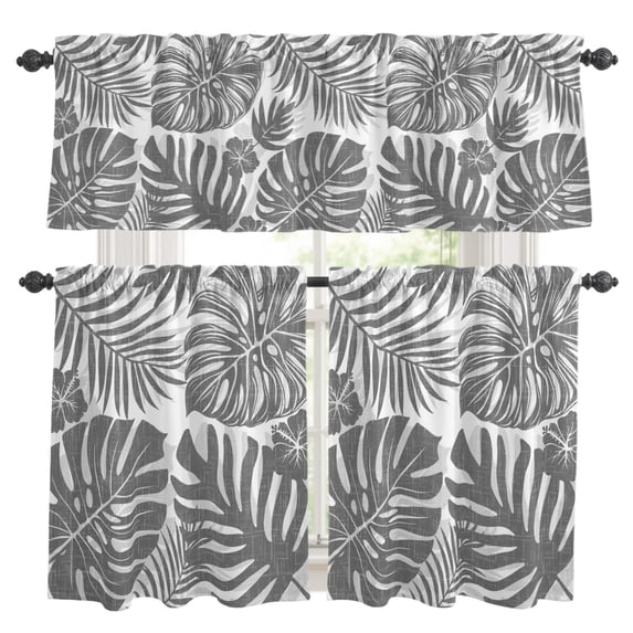 3 Piece Kitchen Curtains and Valances Set Gray Monstera Cafe Curtains ...
