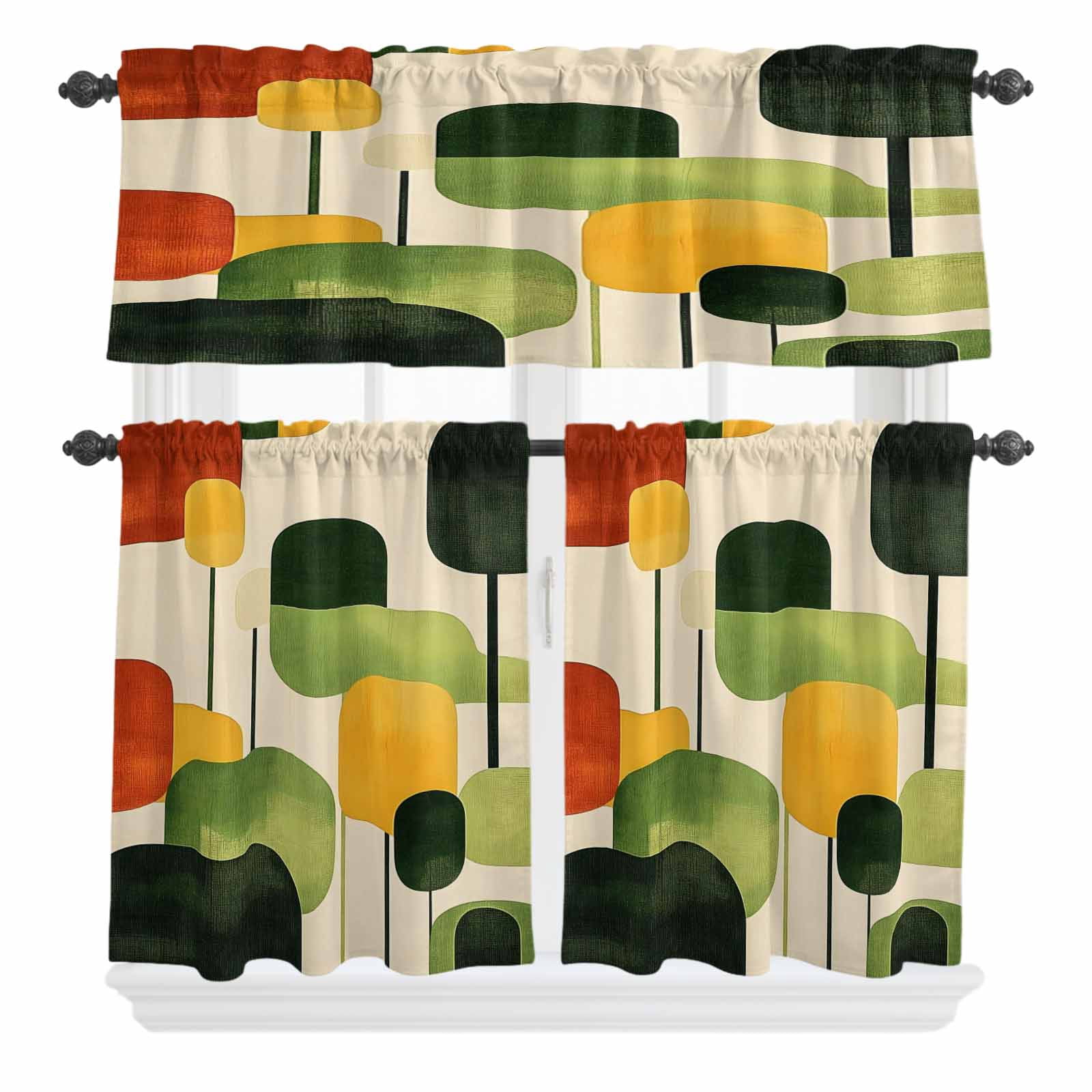 3 Piece Kitchen Curtains and Valances Set Green Abstract Cafe Curtains ...