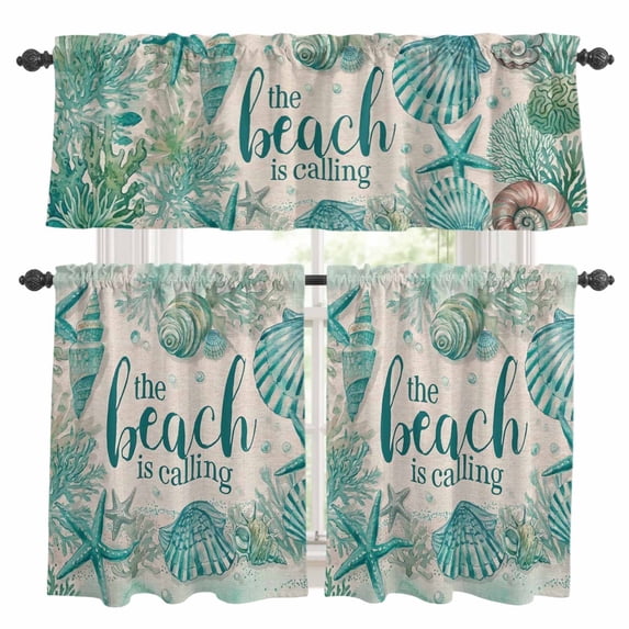 3 Piece Kitchen Curtains and Valances Set Green Beach Coastal Cafe ...