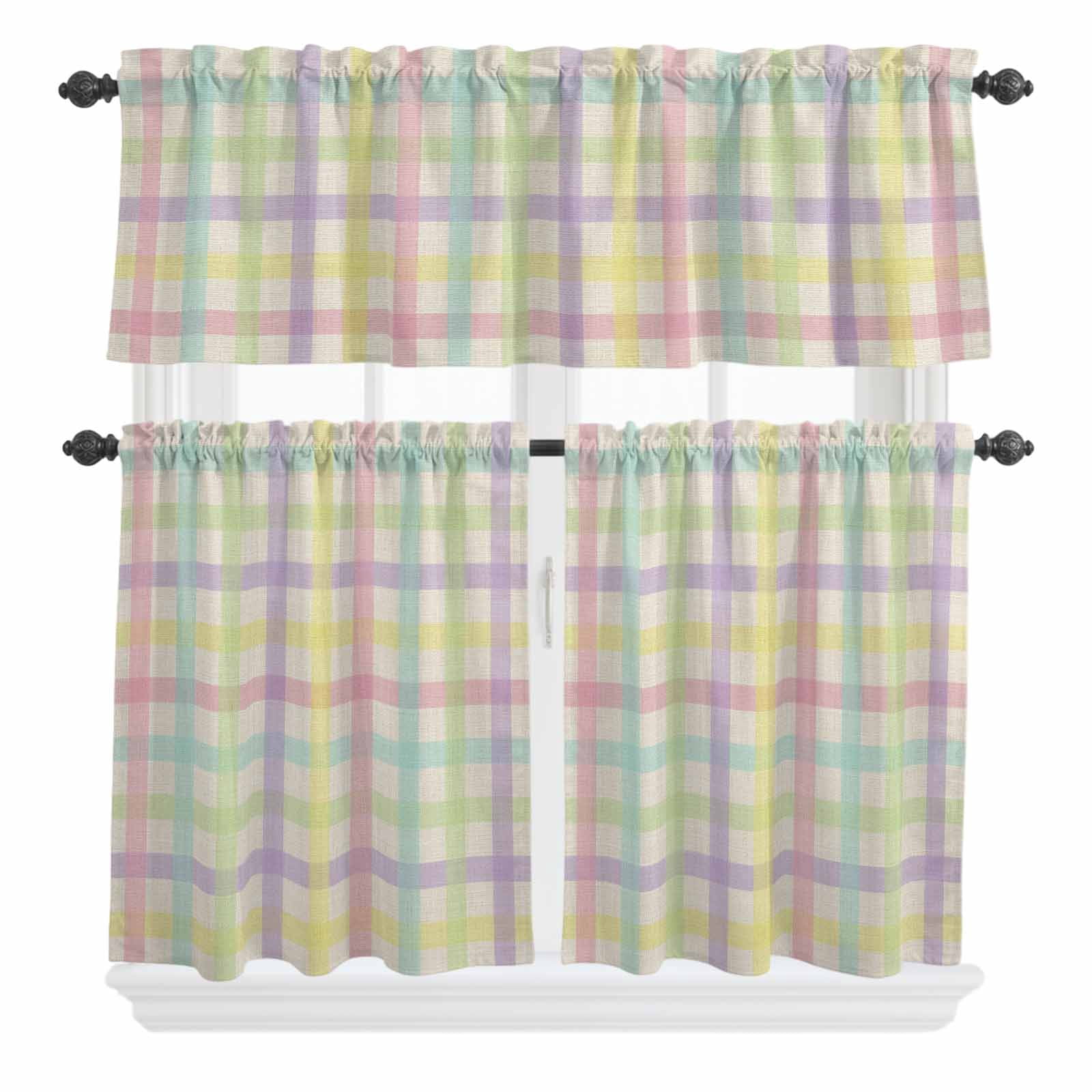 3 Piece Kitchen Curtains and Valances Set Green Beige Plaid Cafe ...
