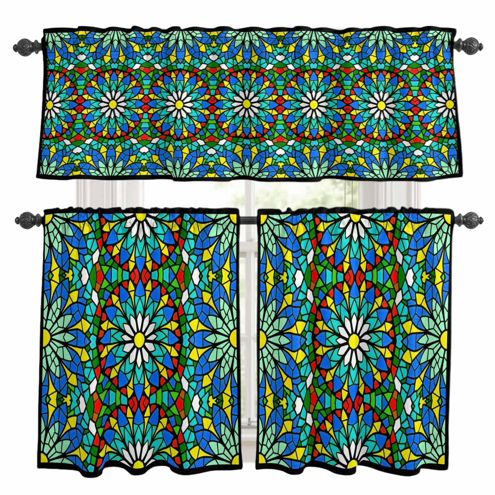 3 Piece Kitchen Curtains and Valances Set Green Blue Boho Flowers Cafe ...