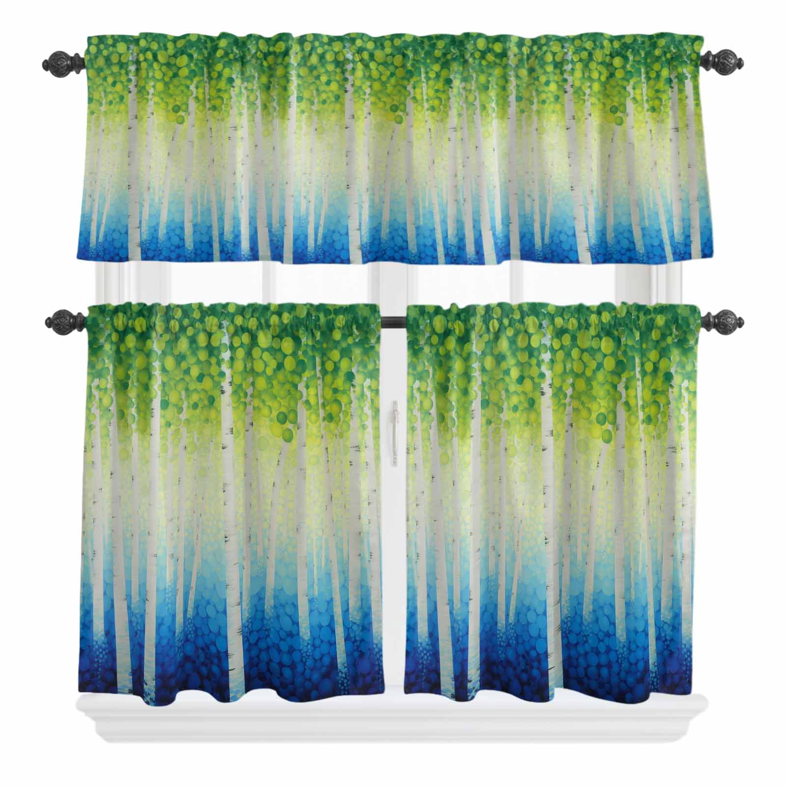 3 Piece Kitchen Curtains and Valances Set Green Blue Forest Cafe ...