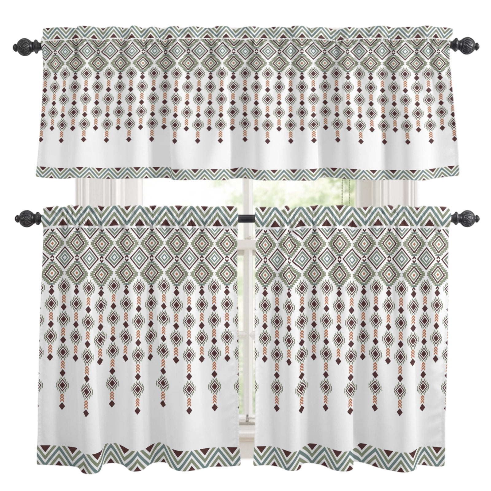 3 Piece Kitchen Curtains and Valances Set Green Boho Rhombus Cafe ...
