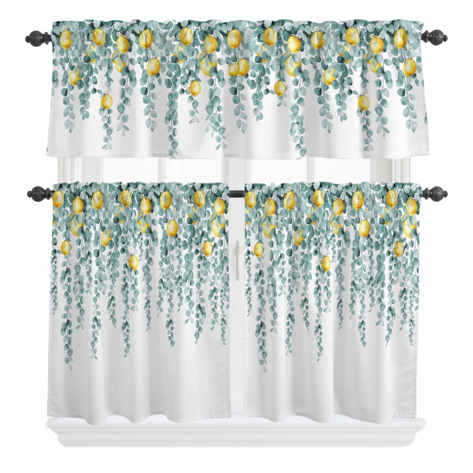 3 Piece Kitchen Curtains and Valances Set Green Eucalyptus Leaves Cafe ...
