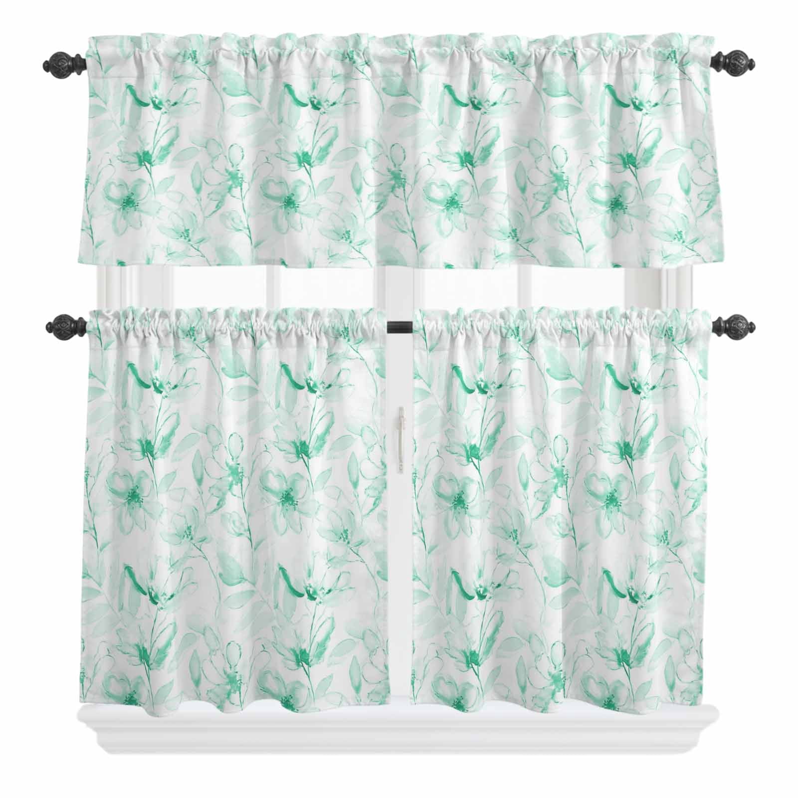 3 Piece Kitchen Curtains and Valances Set Green Flower Cafe Curtains 36 ...