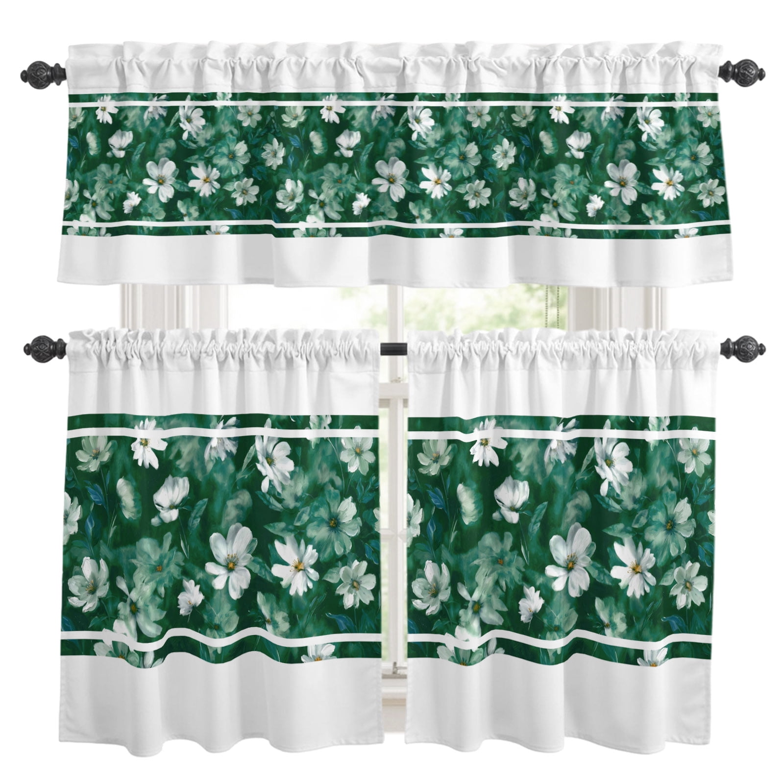 3 Piece Kitchen Curtains and Valances Set Green Flowers Cafe Curtains ...